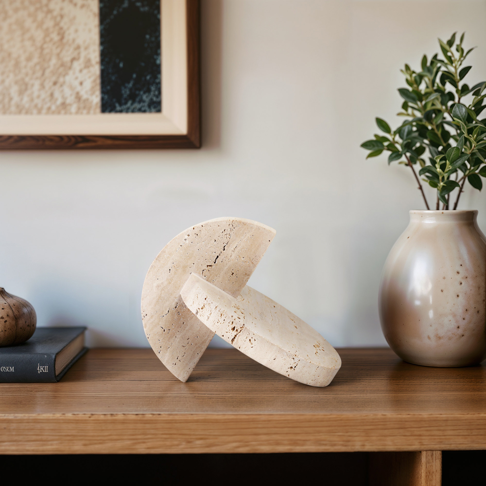 Ivy Bronx Modern Geometric Travertine Stone Sculpture Abstract ...