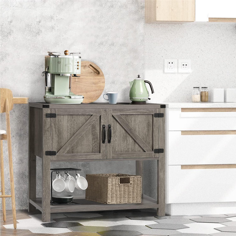 Gracie Oaks Farmhouse Coffee Bar Cabinet with Barn Doors, Grey Coffee ...