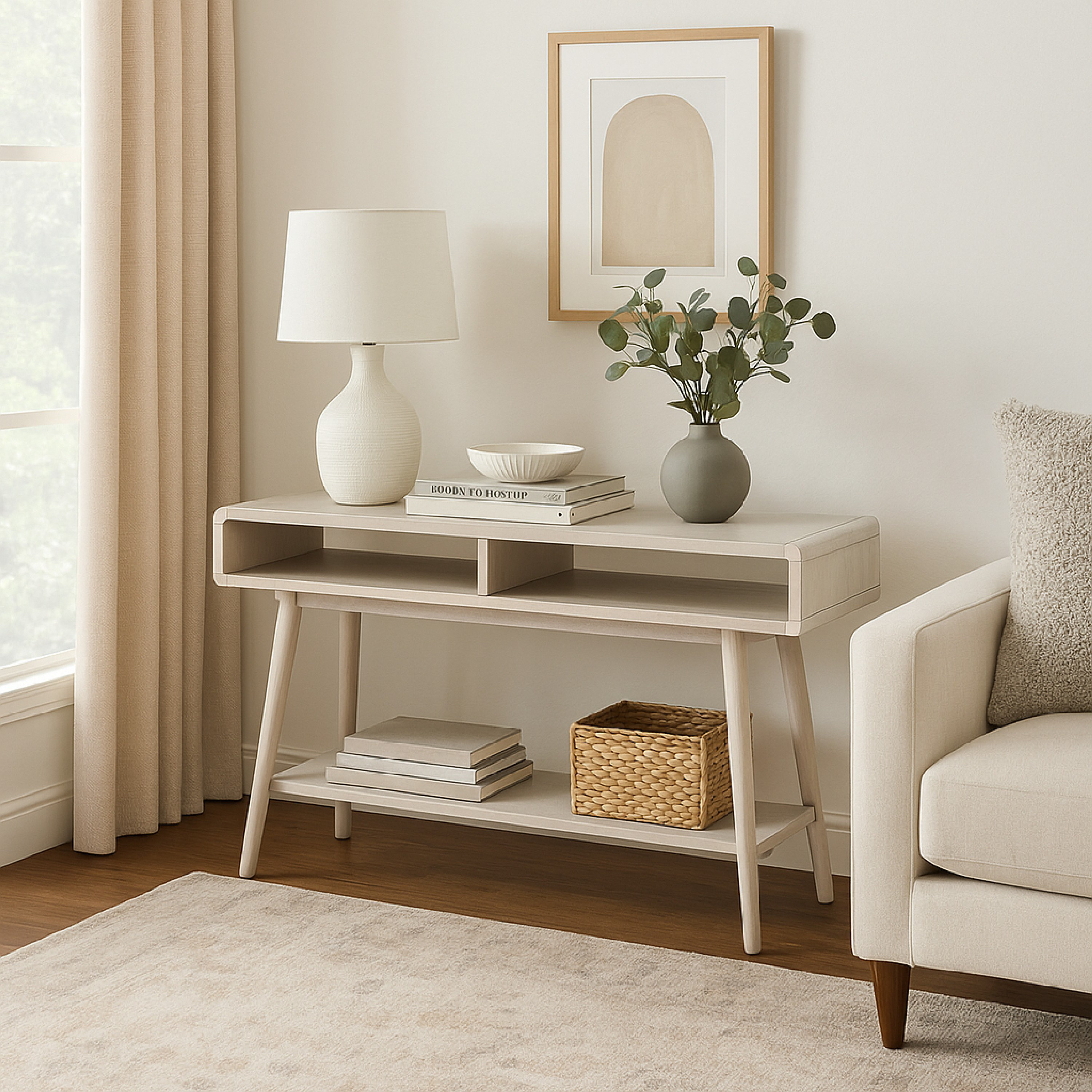 Benjara Camy Sofa Console Table, 2 Open Cubbies, 1 Lower Shelf, White ...