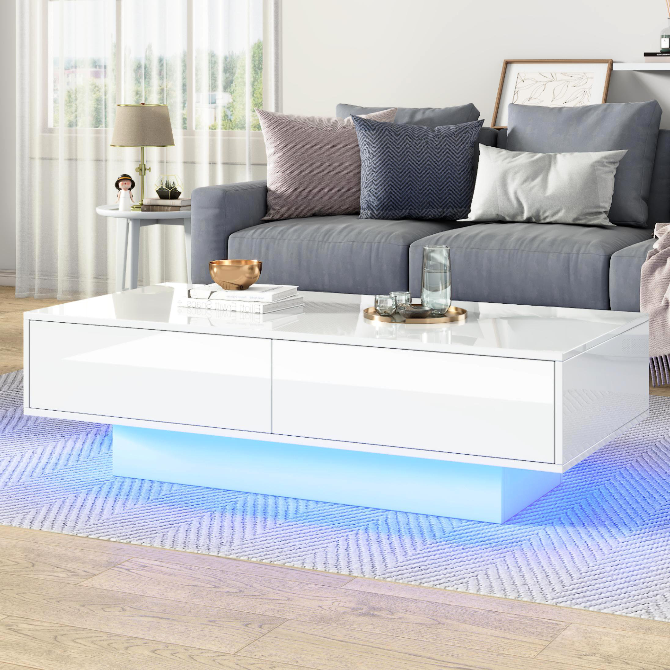 Metro Lane White High Gloss LED Coffee Table With 16 Colors LED Lights ...