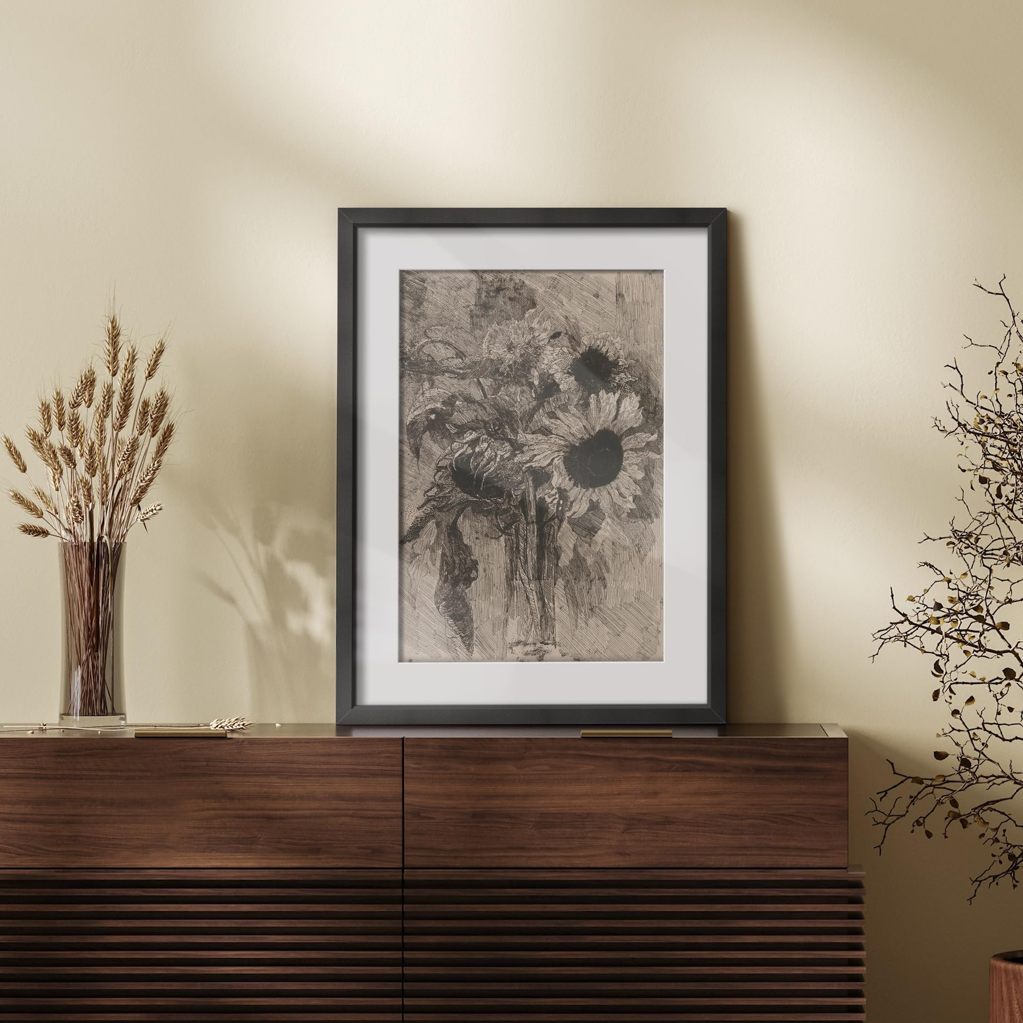 wall26 Sunflower Elegance Monochrome Floral Etching Classic Botanical ...