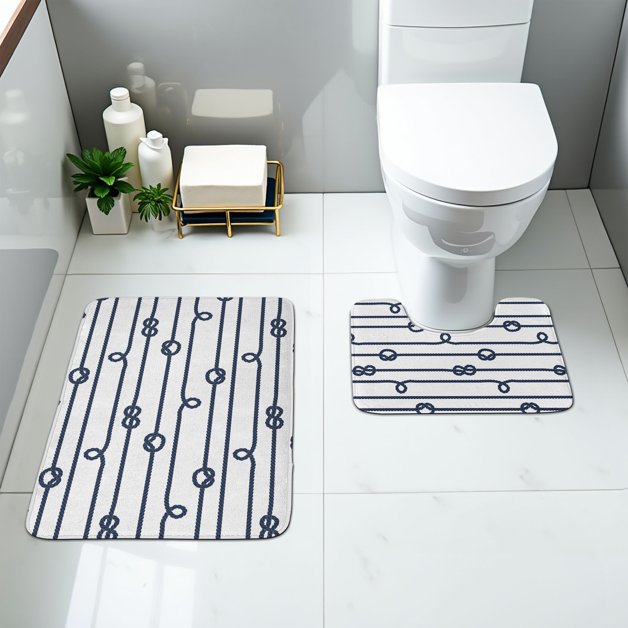 East Urban Home Navy Bathroom Rug Set 2 Pieces Rectangle & Contour Mats ...