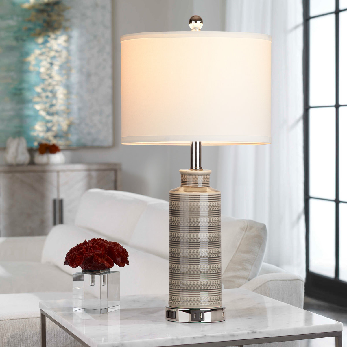 Wrought Studio™ Javell Ceramic Gray Drum Shade USB Charging Port AC ...