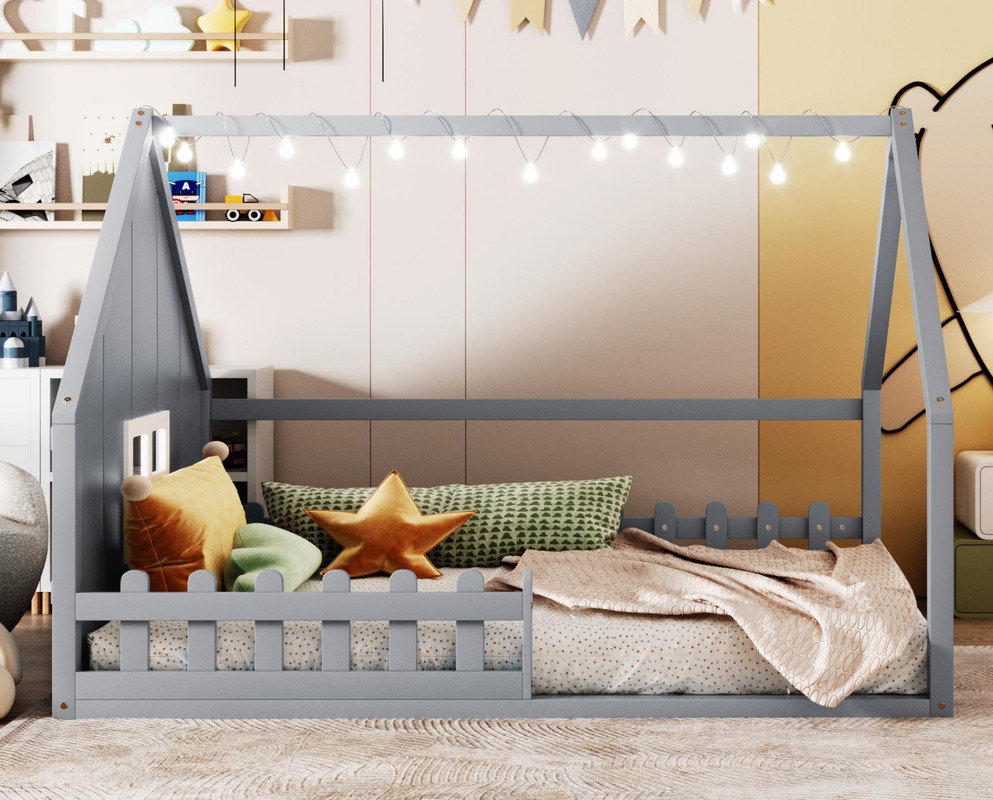 Ophelia & Co. Full Size Playful LED Design Wood House Bed with Fence ...