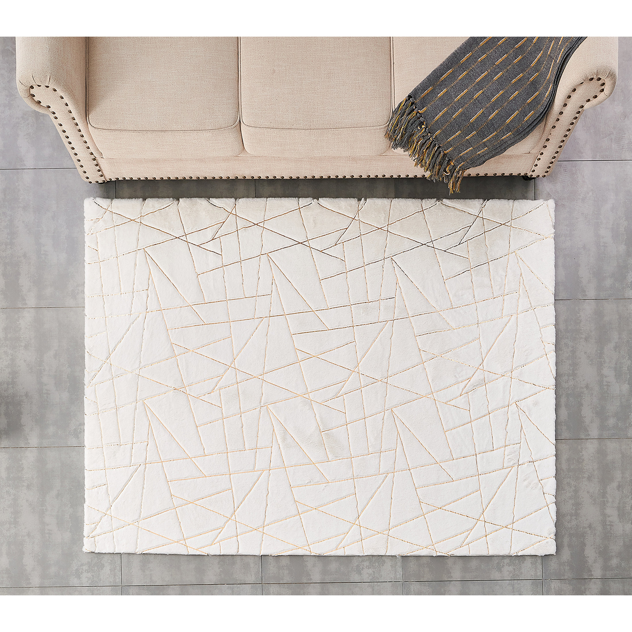 Mercer41 Opulent White Geometric Gold-Detailed Faux Chinchilla Area Rug ...