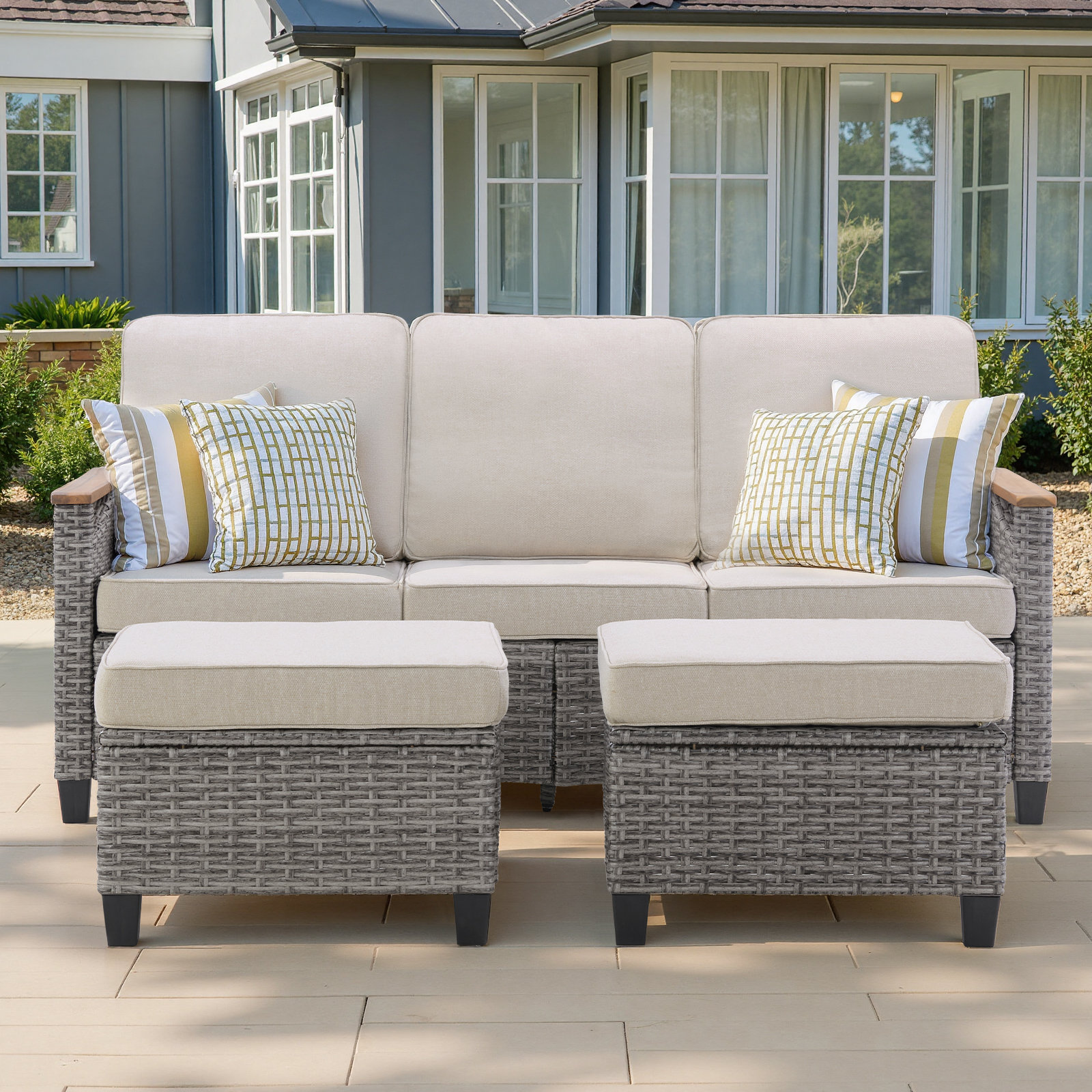 Latitude Run® 3 Pieces Outdoor Sofa Seating Group, 3-Seater Wicker Sofa ...
