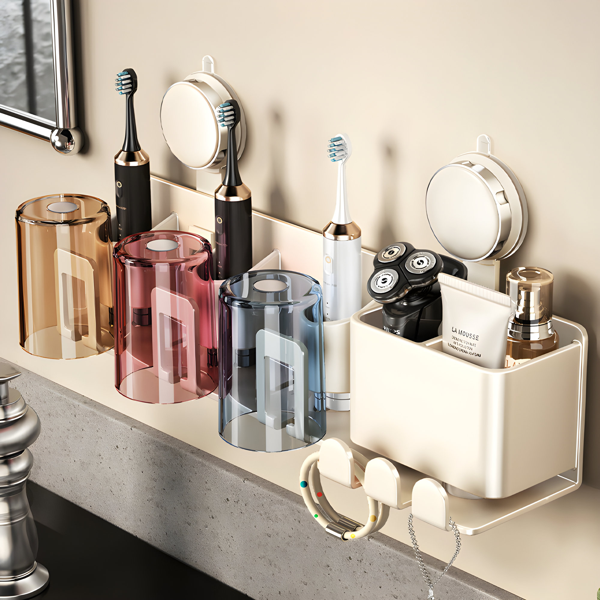 Latitude Run® Three Person Colored Cup Suction Cup Toothbrush Holder ...