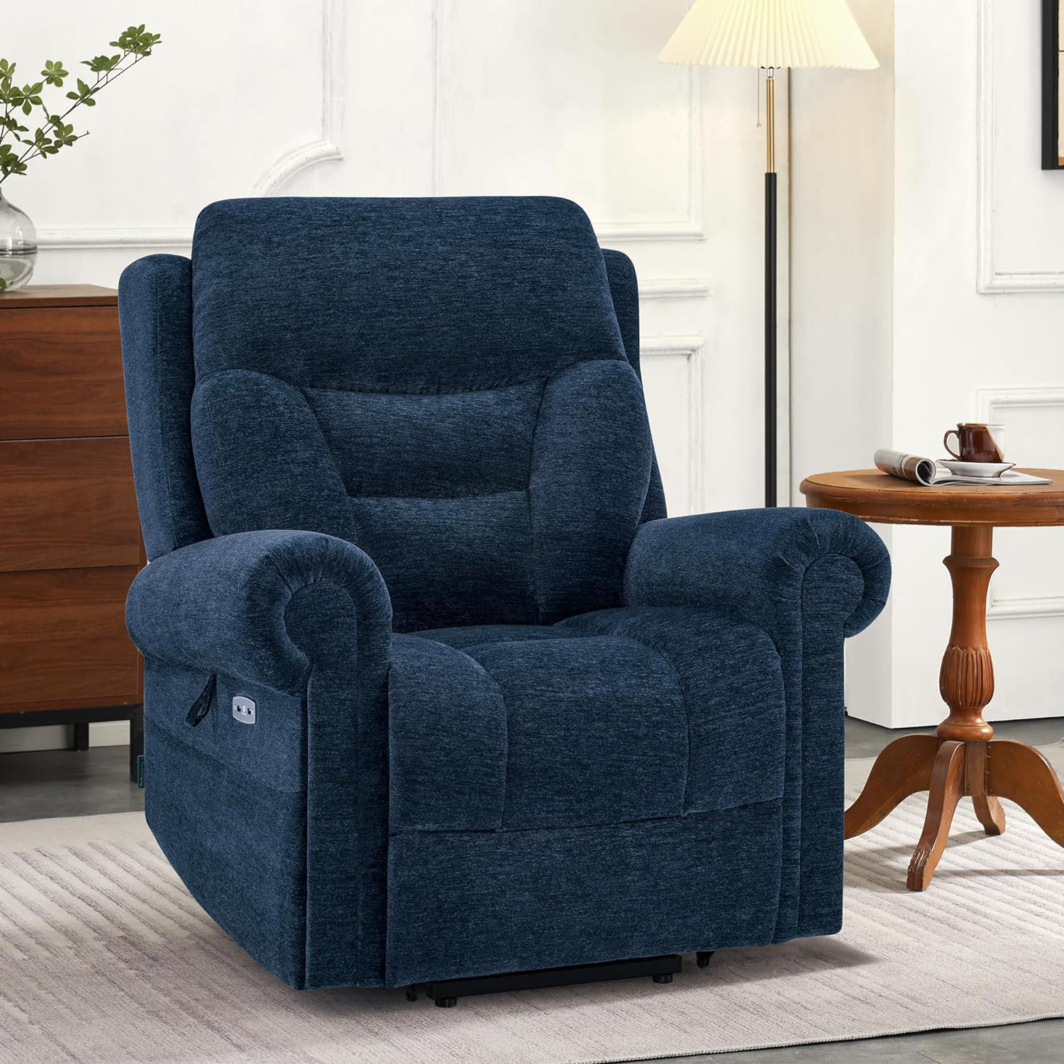 Fabric power recliner with built in heat and massage store