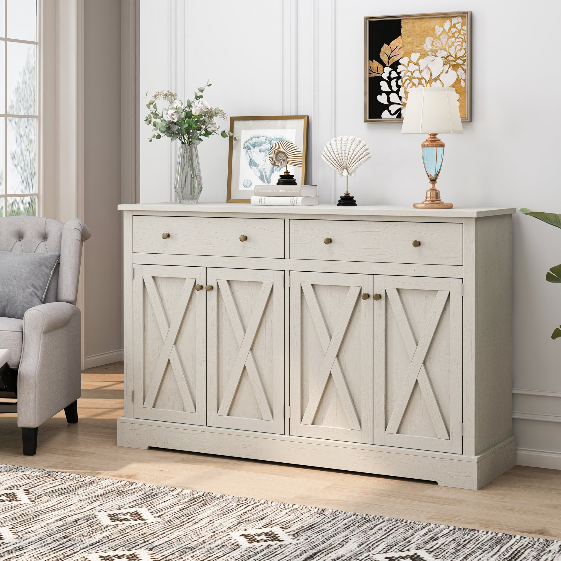 Gracie Oaks Vintage White Sideboard With Two Drawers And Four Doors For ...