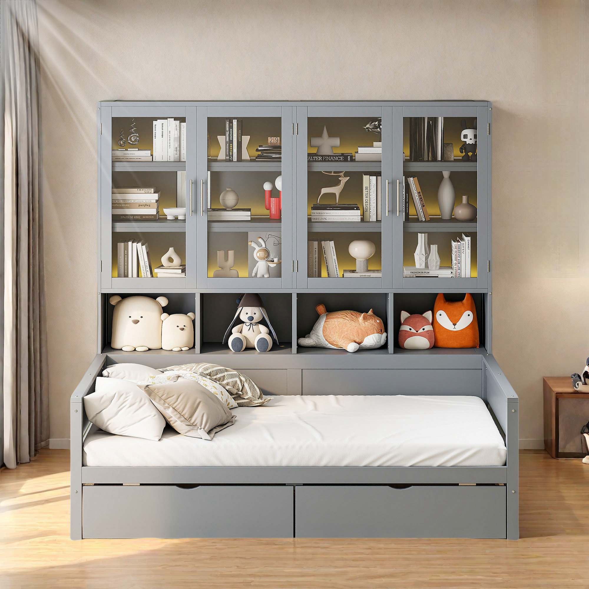 Hokku Designs Wooden Daybed With Glass-door Storage Cabinets, Built-in ...