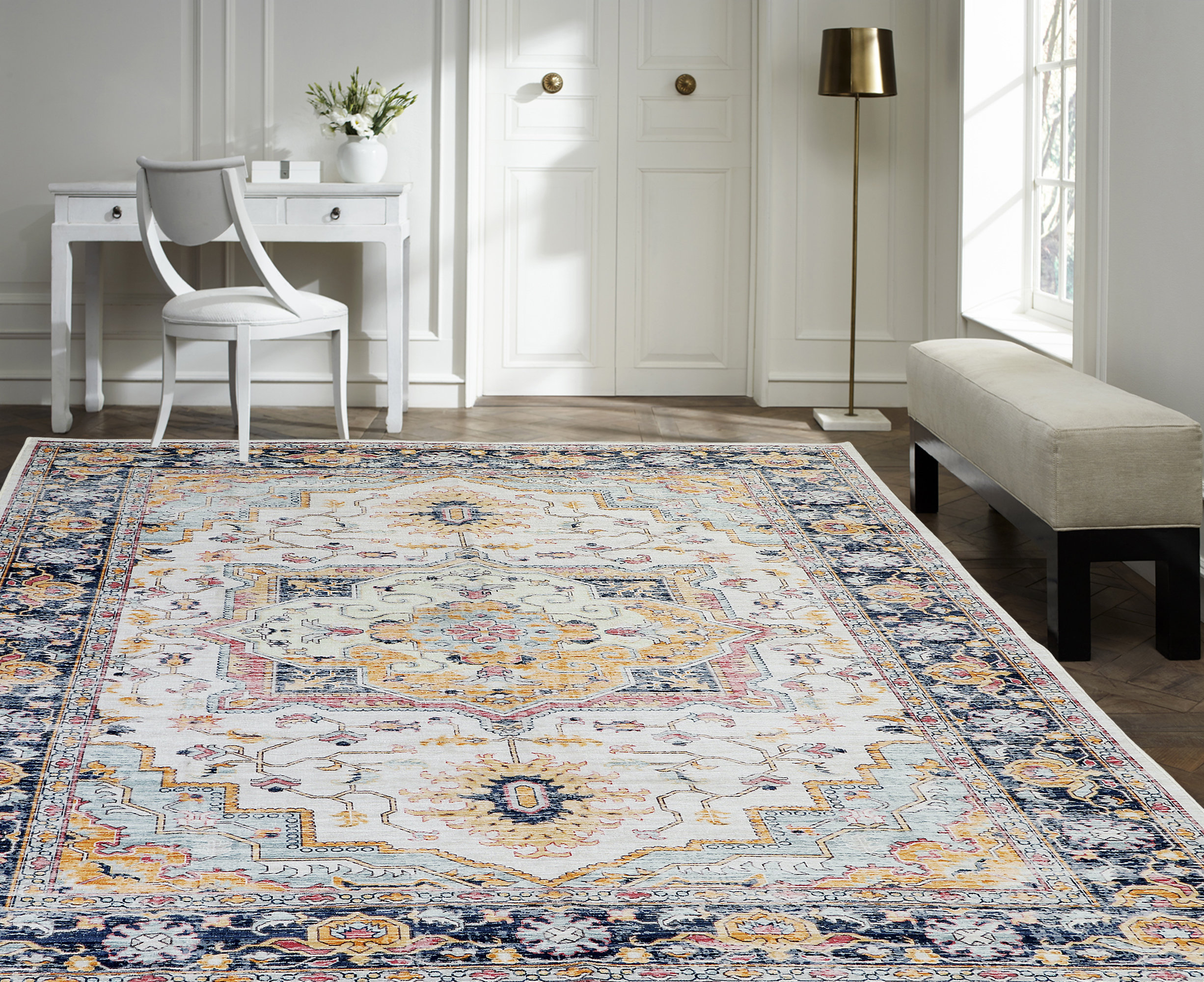 Astoria Grand Neola Washable Oriental Medallion Orange & Blue Area Rug ...