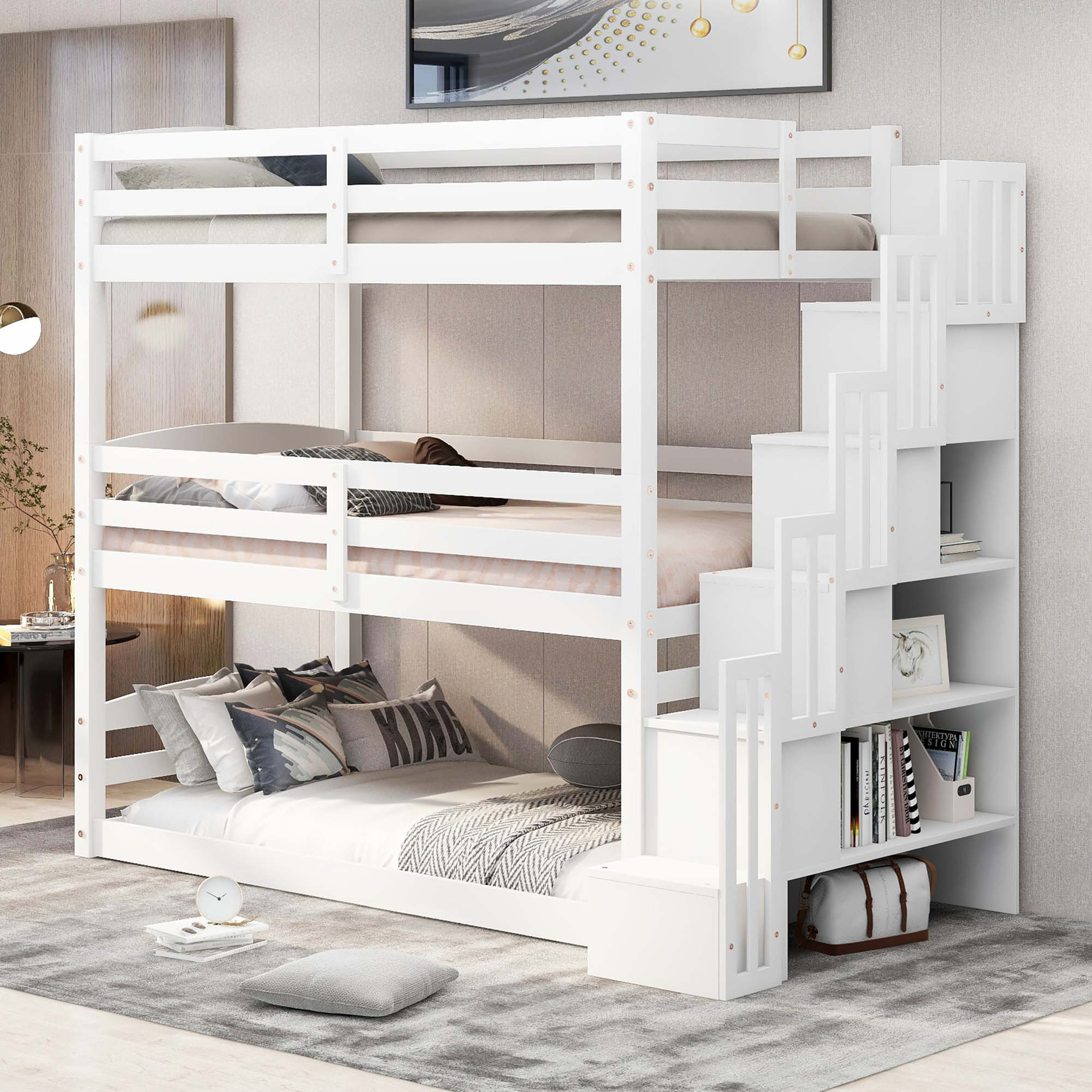 Latitude Run® Triple Bunk Bed With Storage Staircase, Separate Design ...