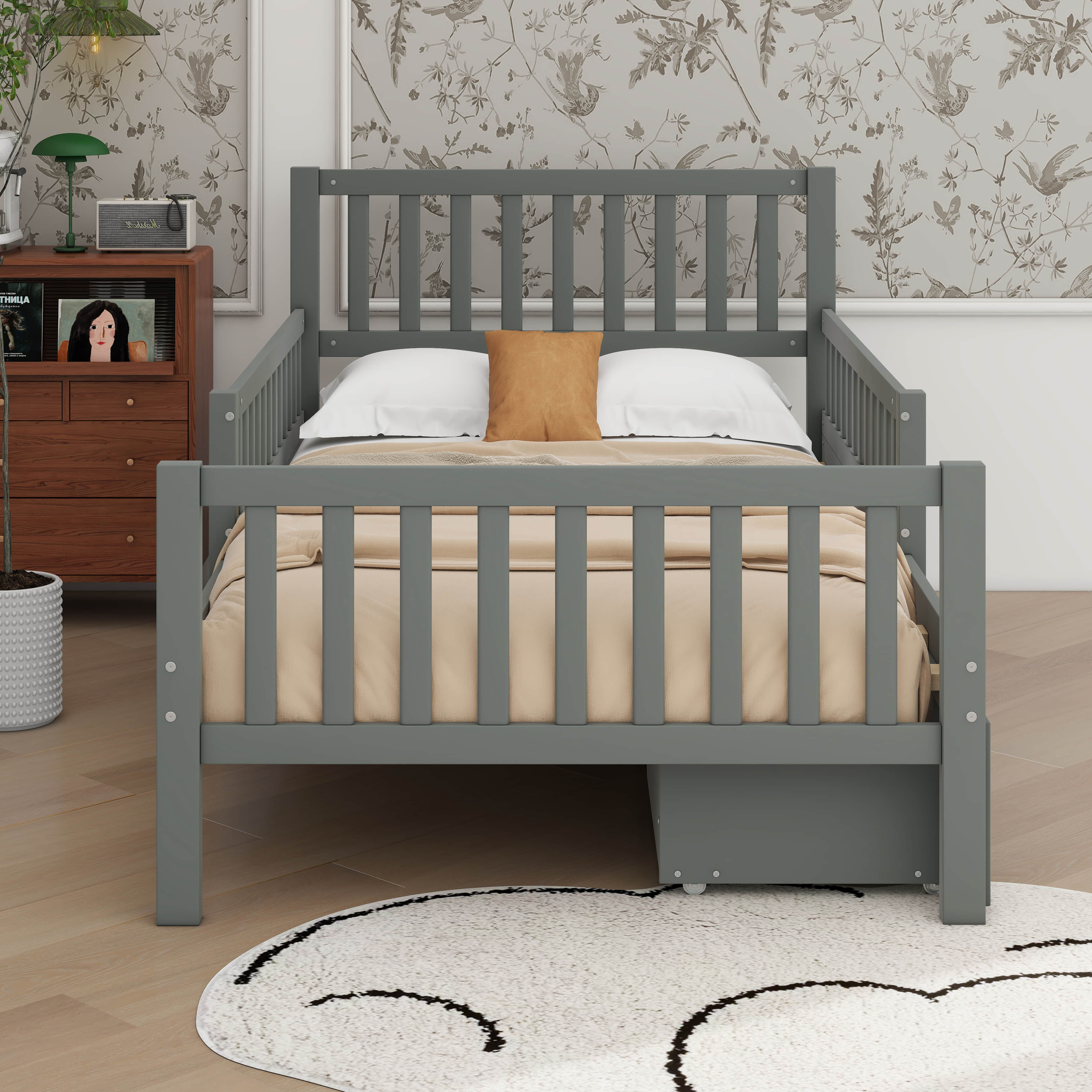 Lark Manor™ Twin Size Wood Platform Bed With Guardrails On Both Sides ...