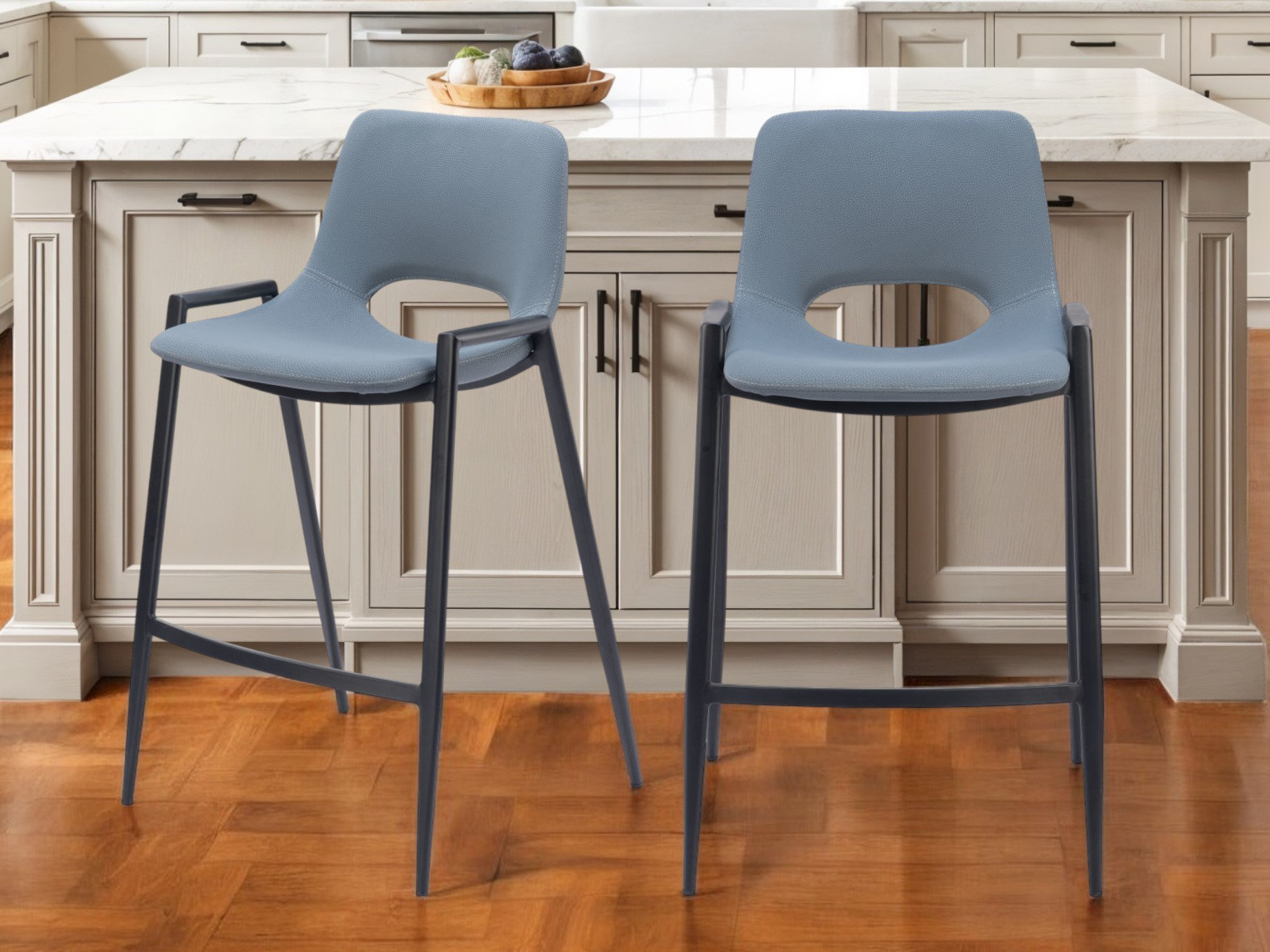 HomeRoots Set of Two 26" Blue And Black Faux Leather And Steel Low Back ...
