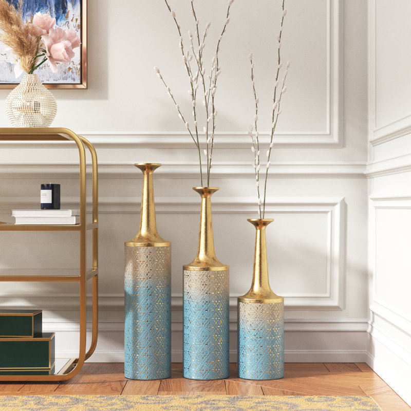 Etta Avenue™ 3 Piece Annamarie Blue/Gold Metal Floor Vase Set & Reviews ...