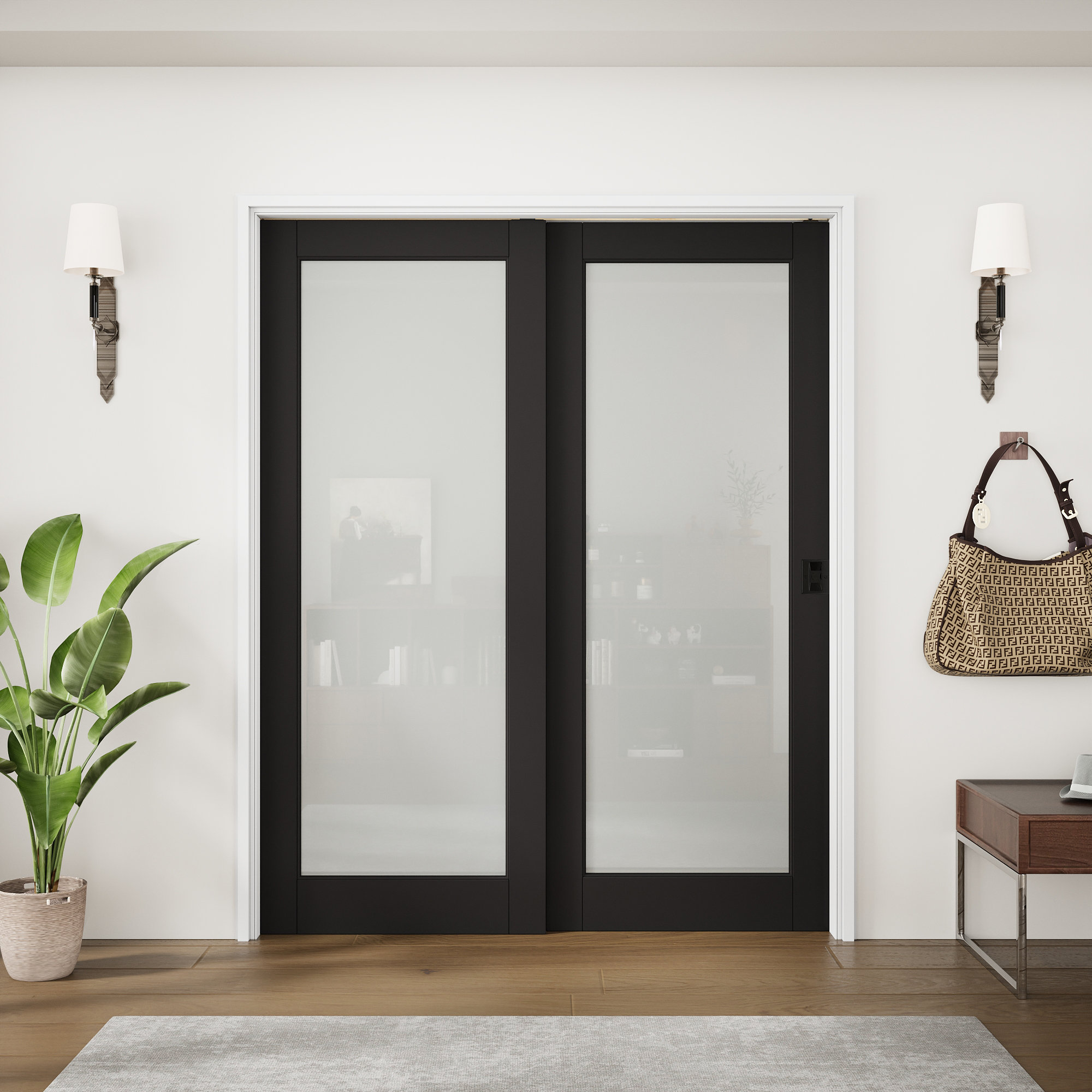 ARK DESIGN Black 1-Lite Frosted Glass Solid Core Double Sliding ...