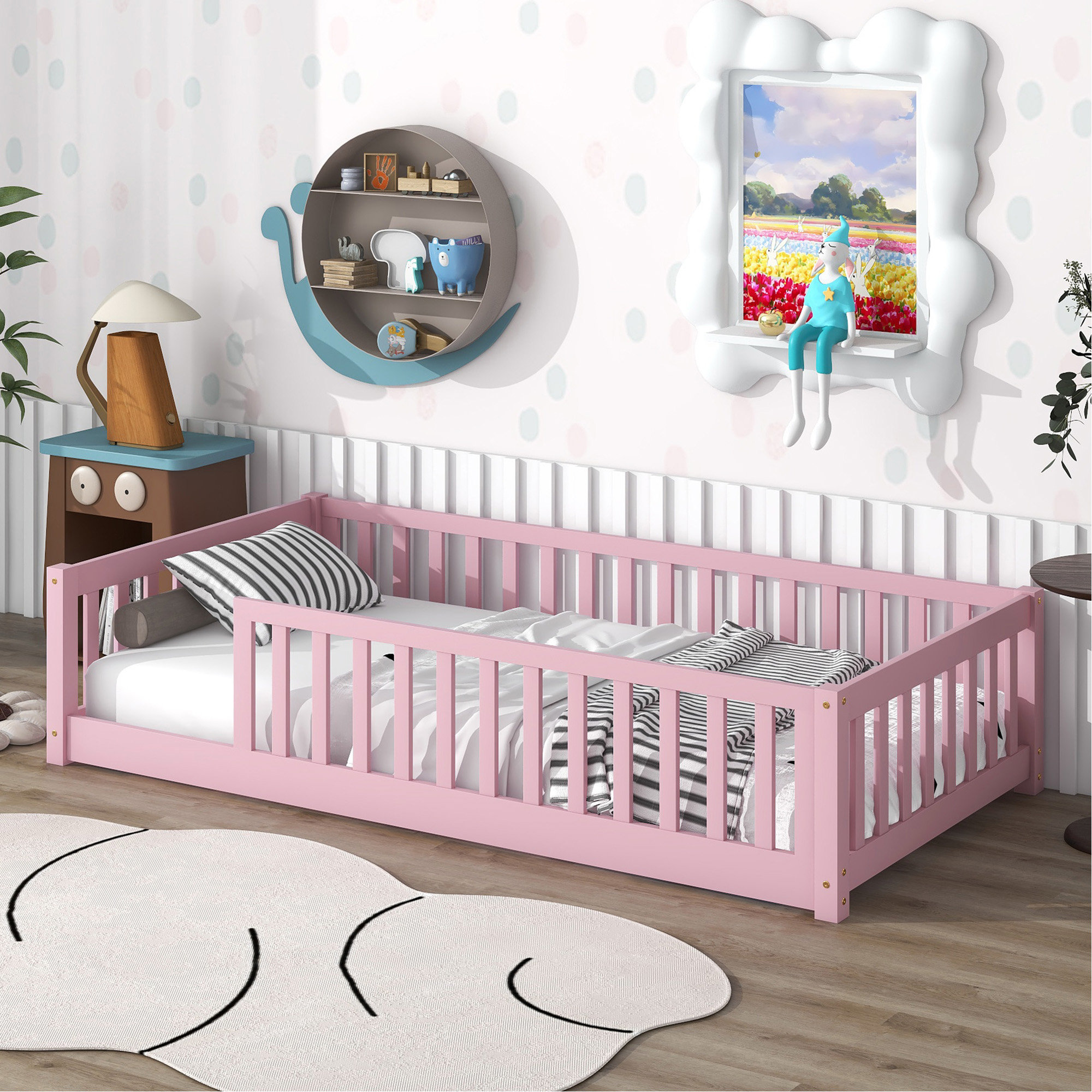 Lark Manor™ Twin Floor Platform Bed With Fence And Storage, Perfect For ...