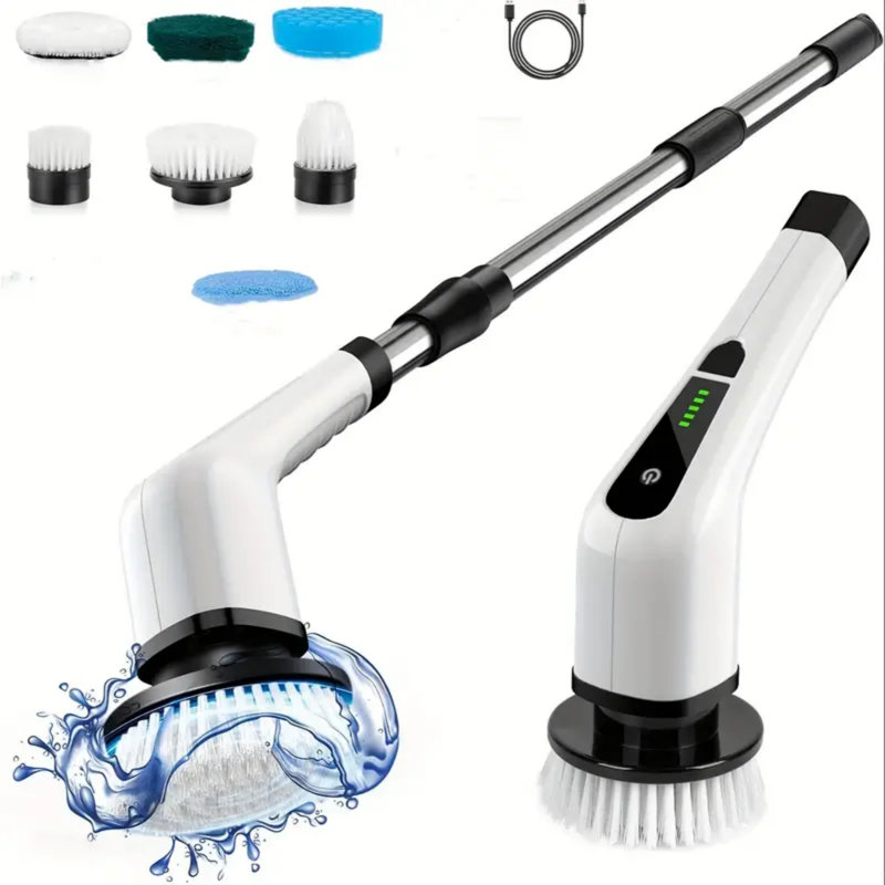 MYOYAY 360° Rotary Electric Scrubber, Hand-Held Cordless, 7 Replaceable ...