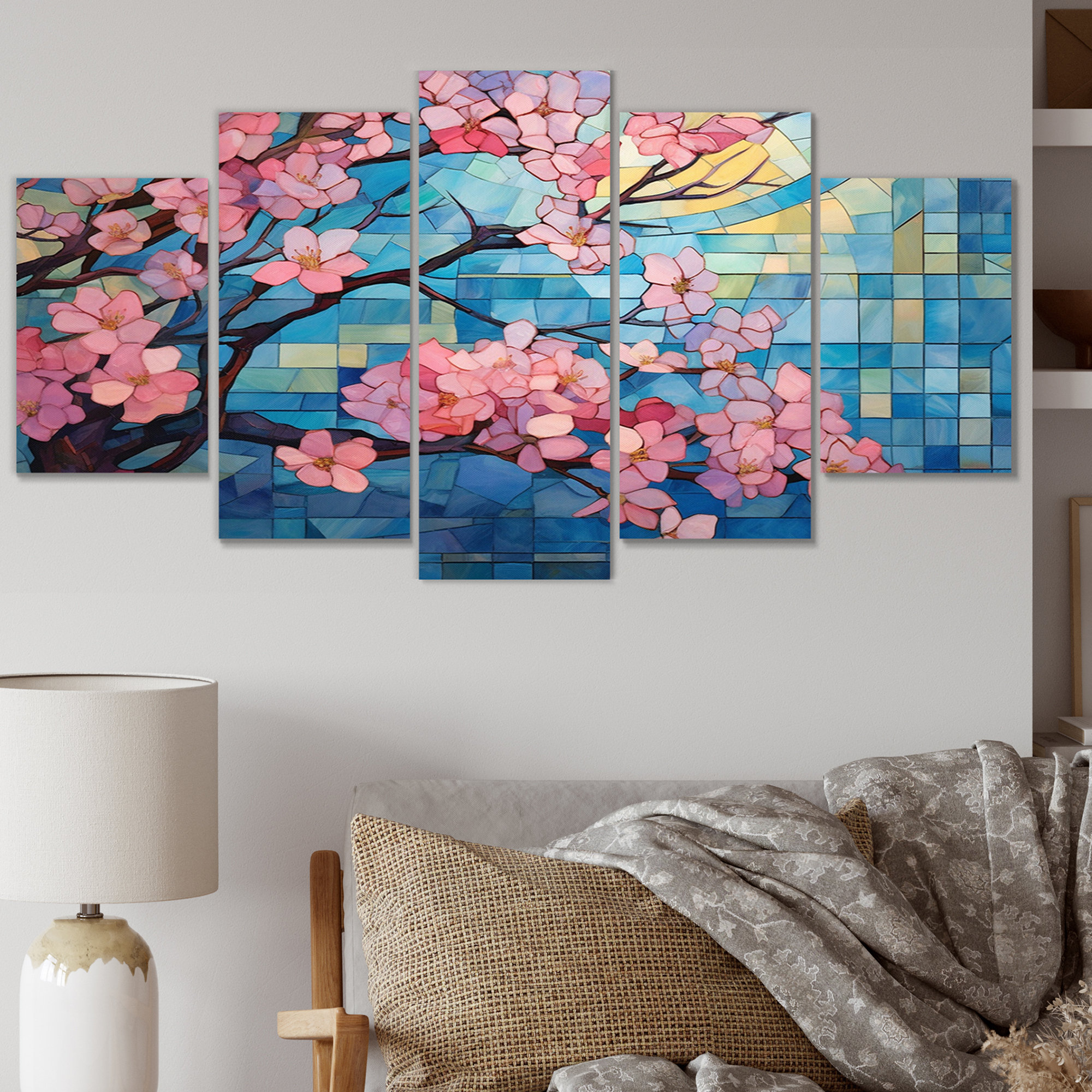 Design Art Collage Pink and Blue Blossoms - Floral Metal Wall Art ...