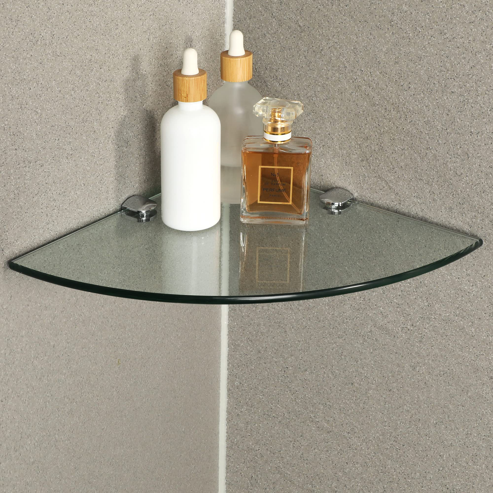 Latitude Run® Glass Corner Shelf For Wall, 10 X 10 Inch Chrome Tempered ...