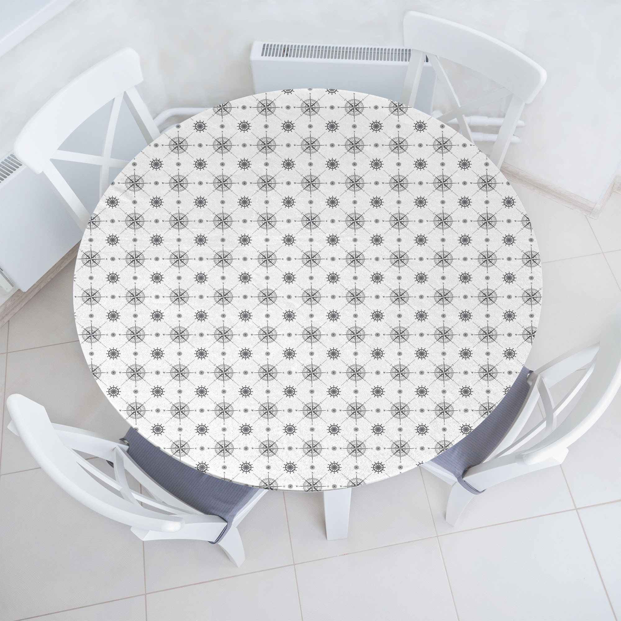 Ebern Designs Compass Fitted Round Tablecloth Diameter Black White ...
