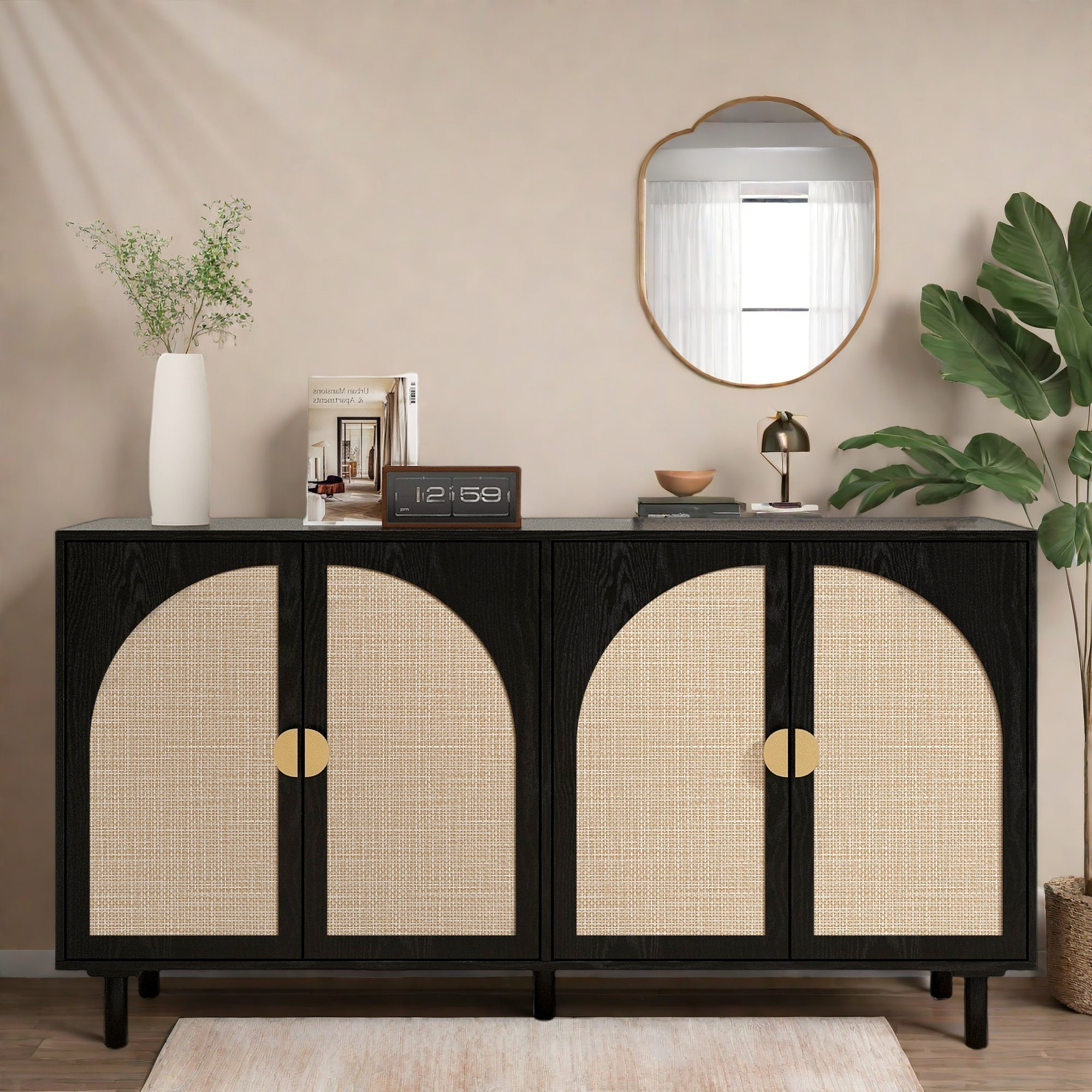 Gracie Oaks 4 Doors Sideboard With Rattan Design, Metal Semi-circle ...
