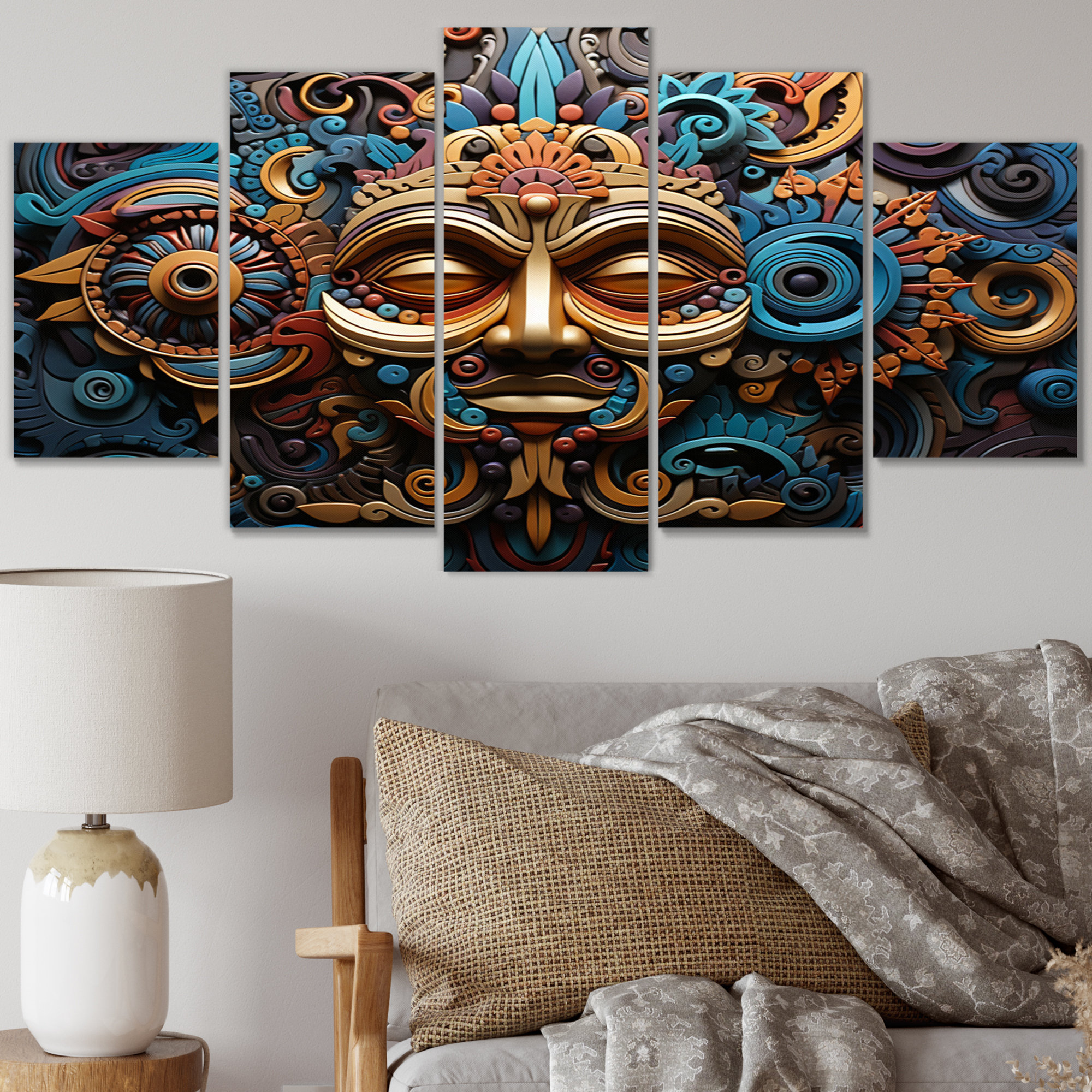 Bungalow Rose 'Teal Gold Mexico Vibrant Aztec Mask I - Mexico Canvas ...