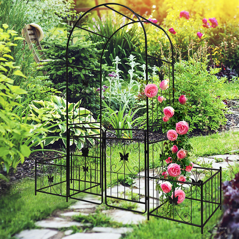 iYofe 86"H Metal Garden Arch with Doors & Planters, Climbing Plants ...