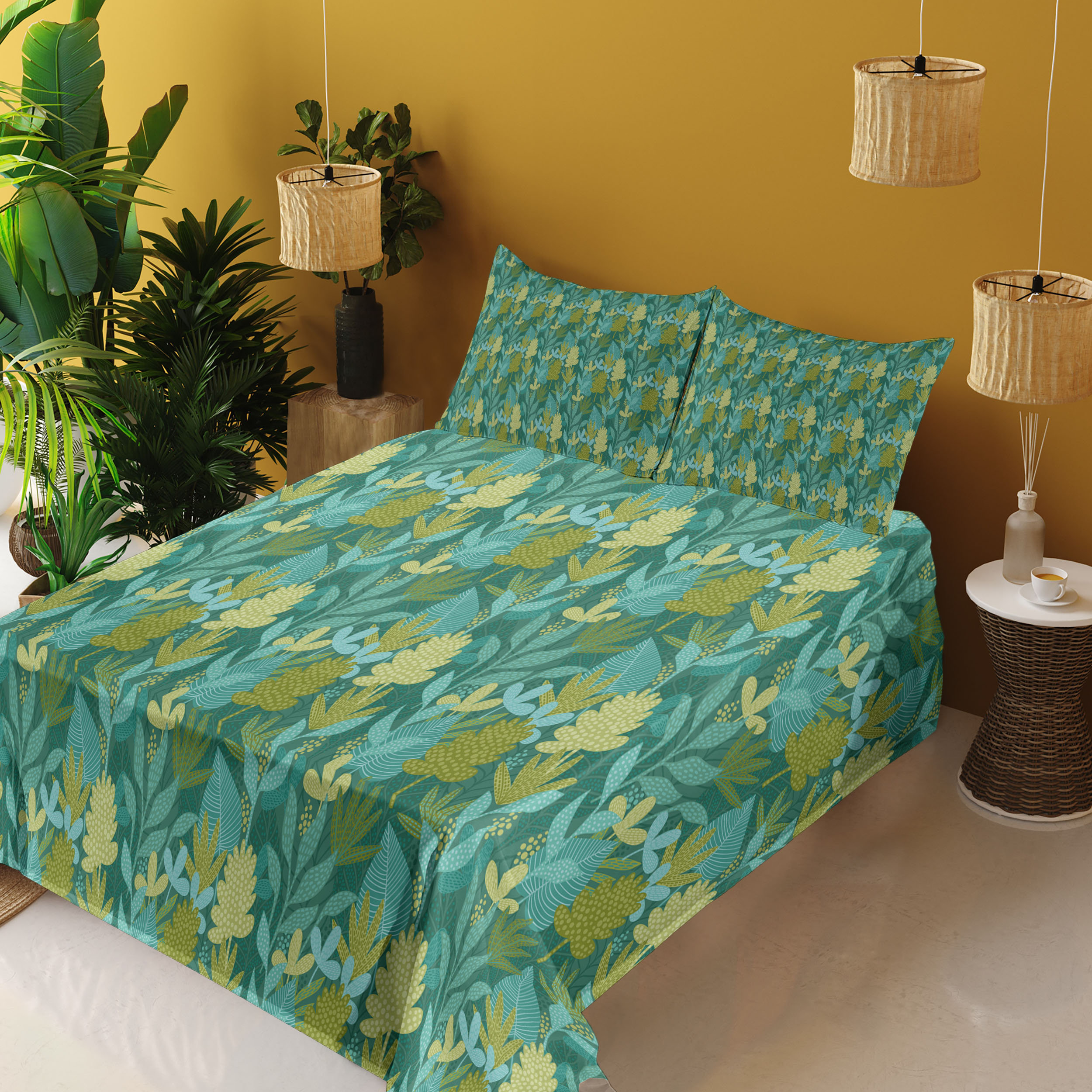 Ambesonne Tropical Sheet Set Retro Exotic Leaves View Seafoam and Pale ...