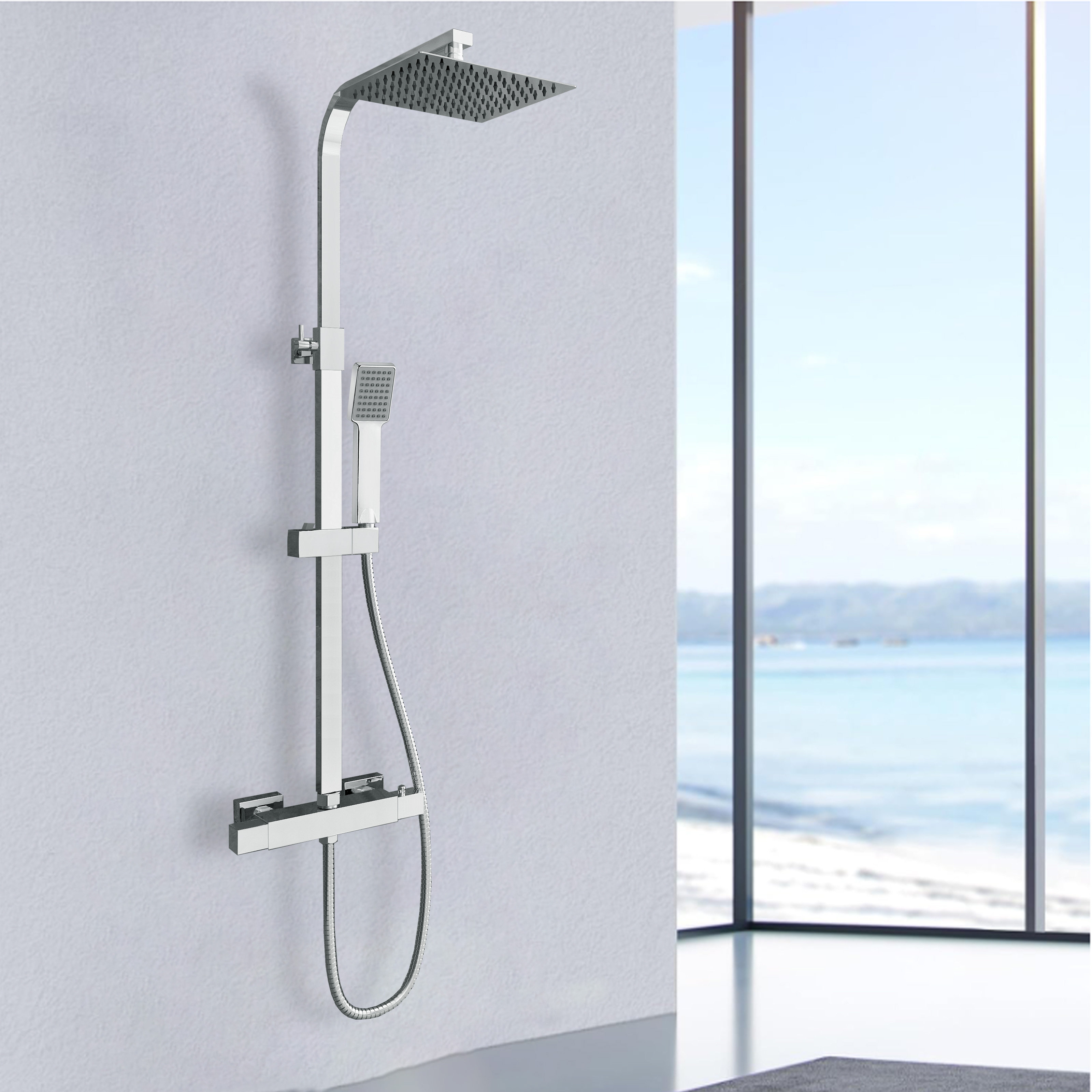 Belfry Bathroom Square Thermostatic Shower Mixer Set With Overhead ...
