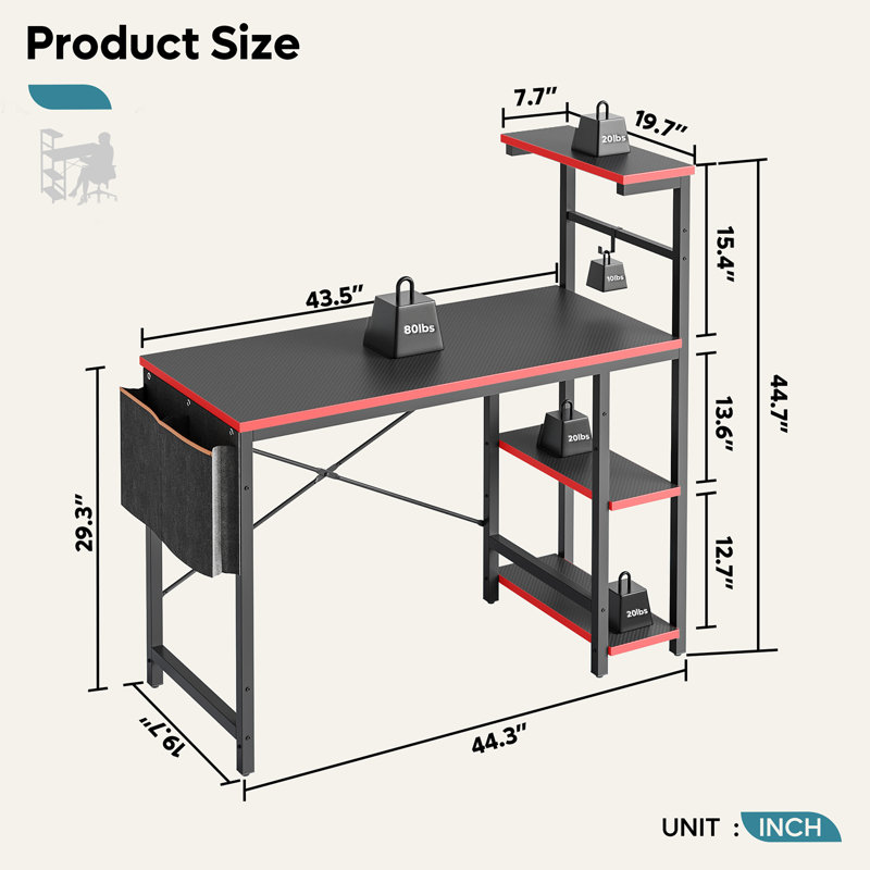 17 Stories Johnothan Computer Desk with 4 Tiers Shelves, LED, 44 ...