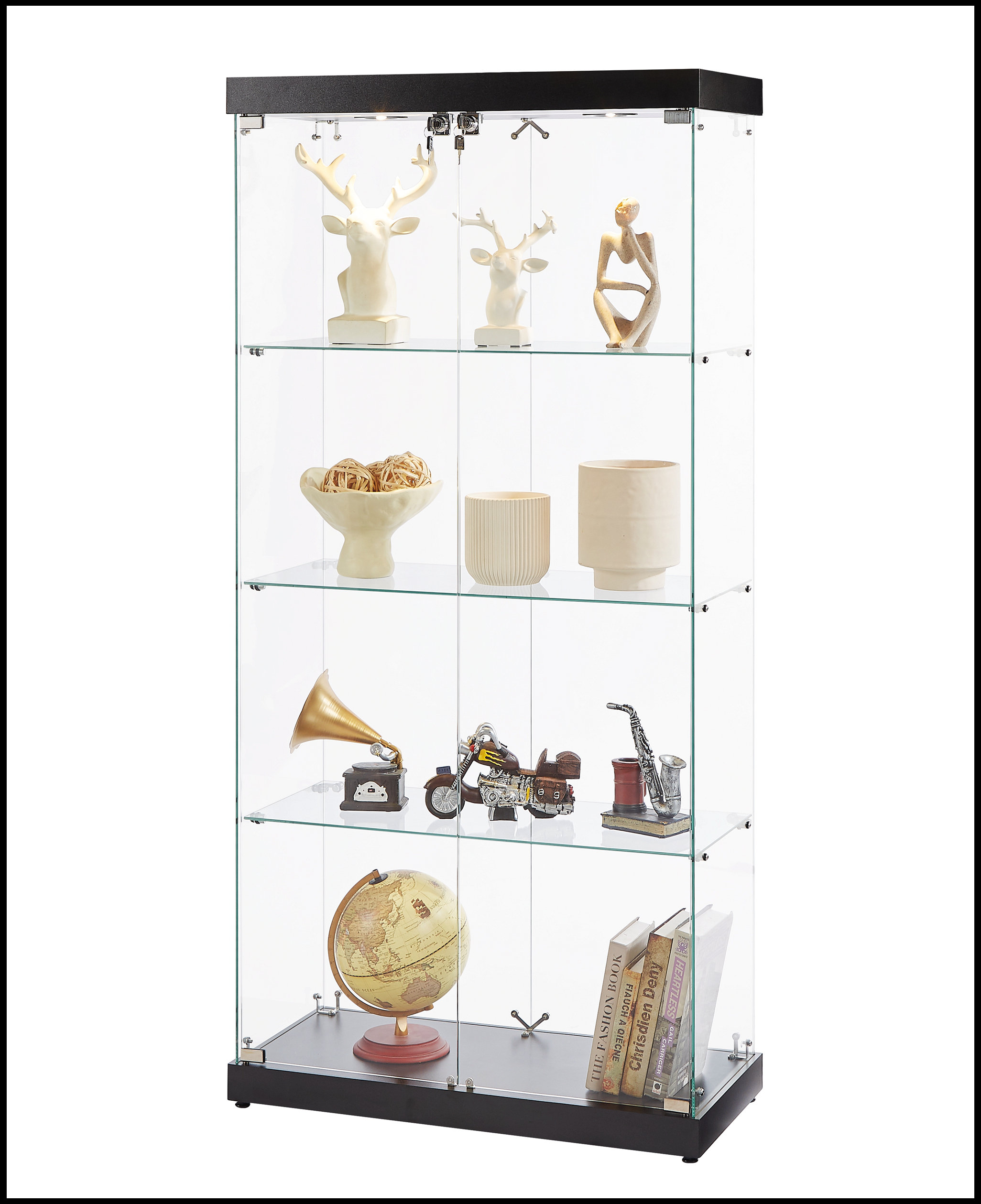 Latitude Run® 4-Tier Glass Display Cabinet, Double Door Glass Cabinet ...