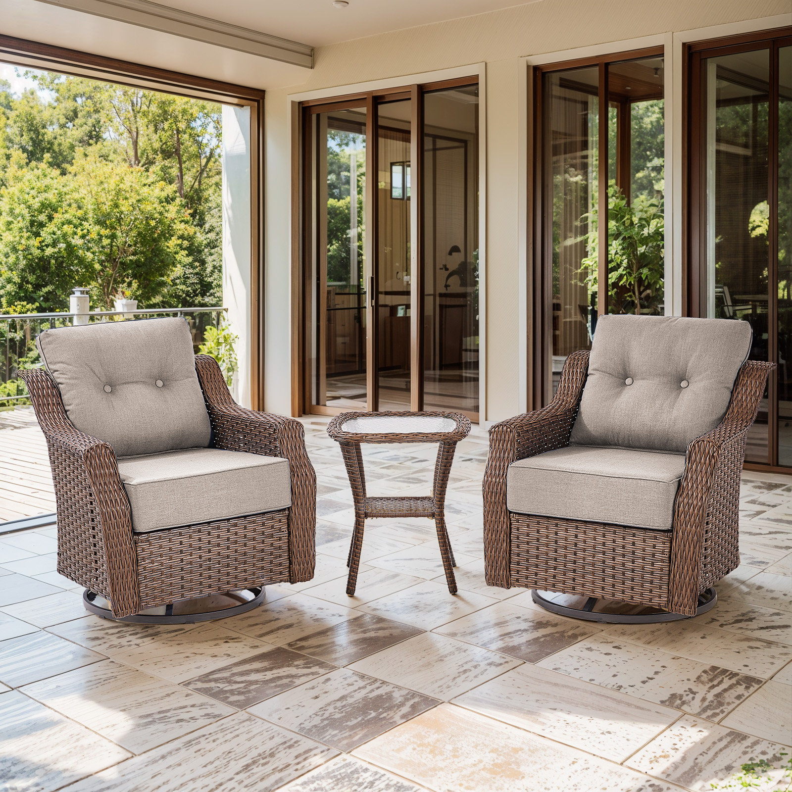 Red Barrel Studio Patio Rattan Swivel Glider Chair & Side Table Set ...