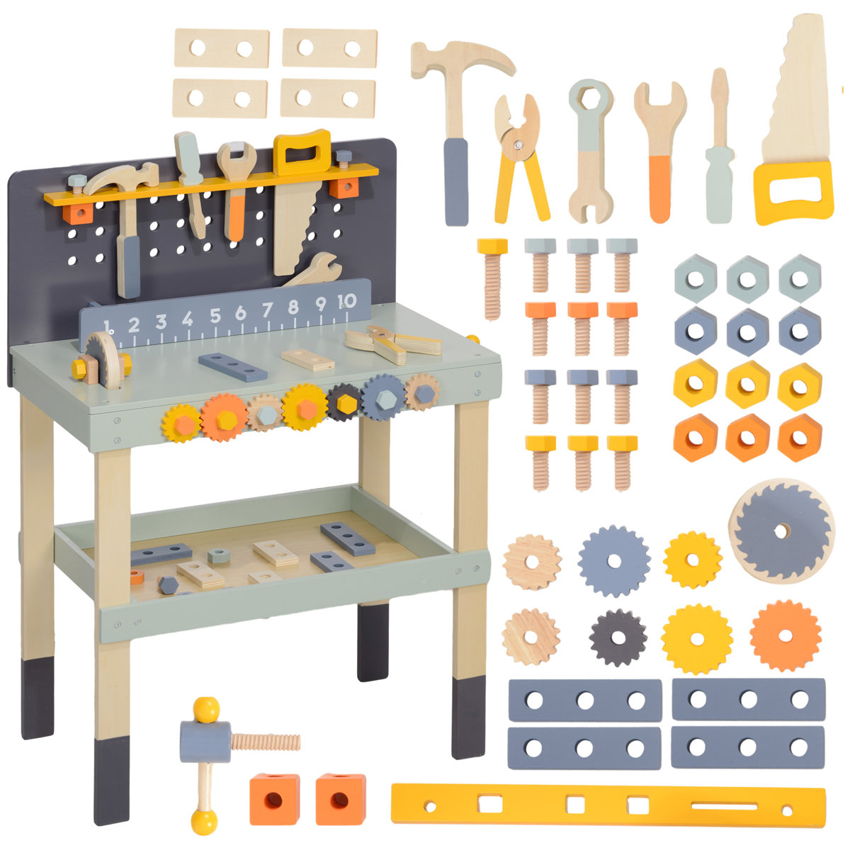 Qaba Toddler Tool Set, 49 Piece Kids Tool Bench Workbench Playset for 3 ...