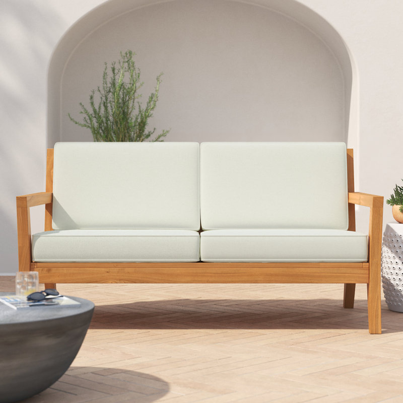 Joss & Main Adagio Outdoor Solid Teak Wood 2-Person Sofa with Cushions ...