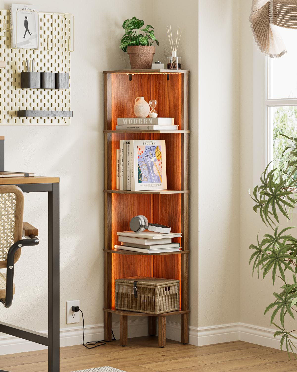 Wrought Studio™ Corner Shelf, 5 Tier Corner Bookshelf With LED Light ...
