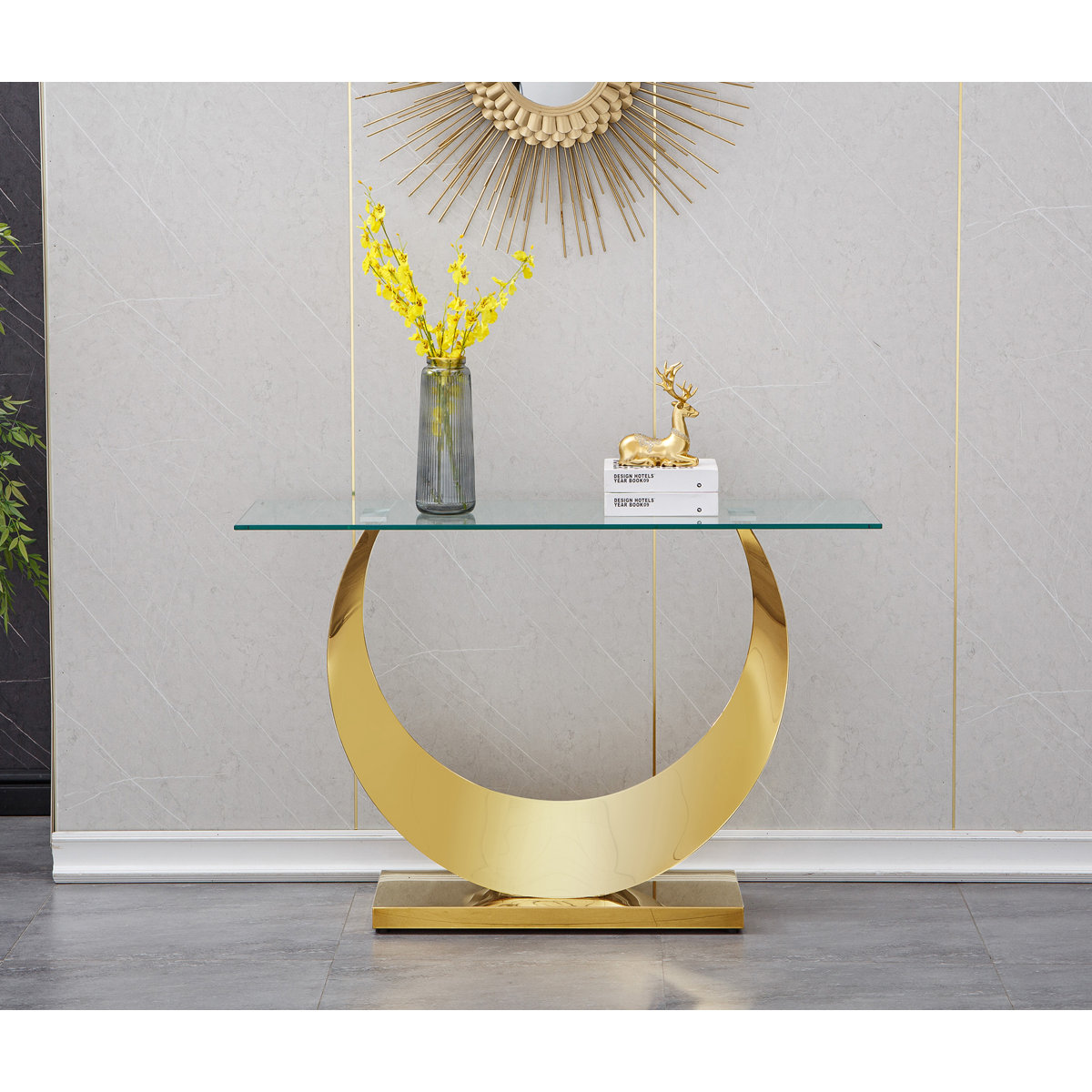 Mercer41 Modern 47.25" Glass Entryway Console Table with Moon-Shaped ...