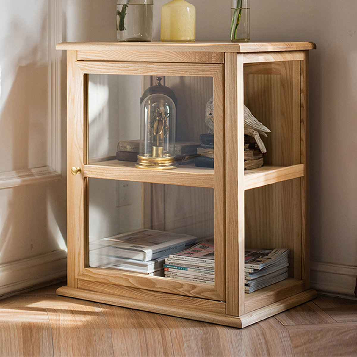 junming Burlywood Solid Wood+Tempered Glass Display Cases | Wayfair