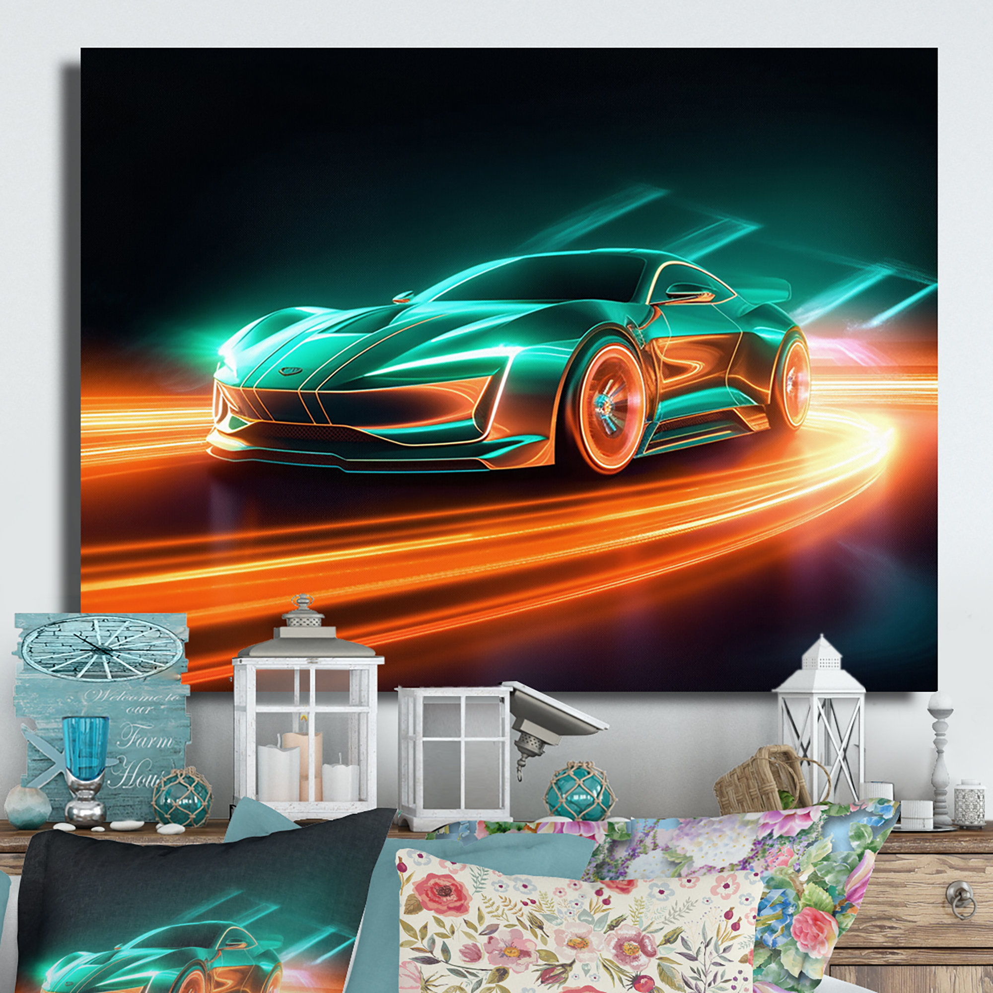 Latitude Run® Teal Neon Exotic Car II - Neon Car Print on Metal | Wayfair