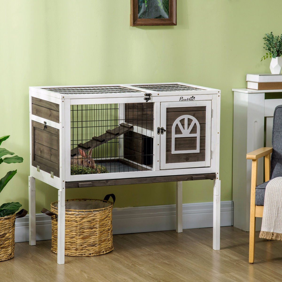 One Allium Way® Wooden Rabbit Hutch, Indoor Elevated Guinea Pig Cage ...