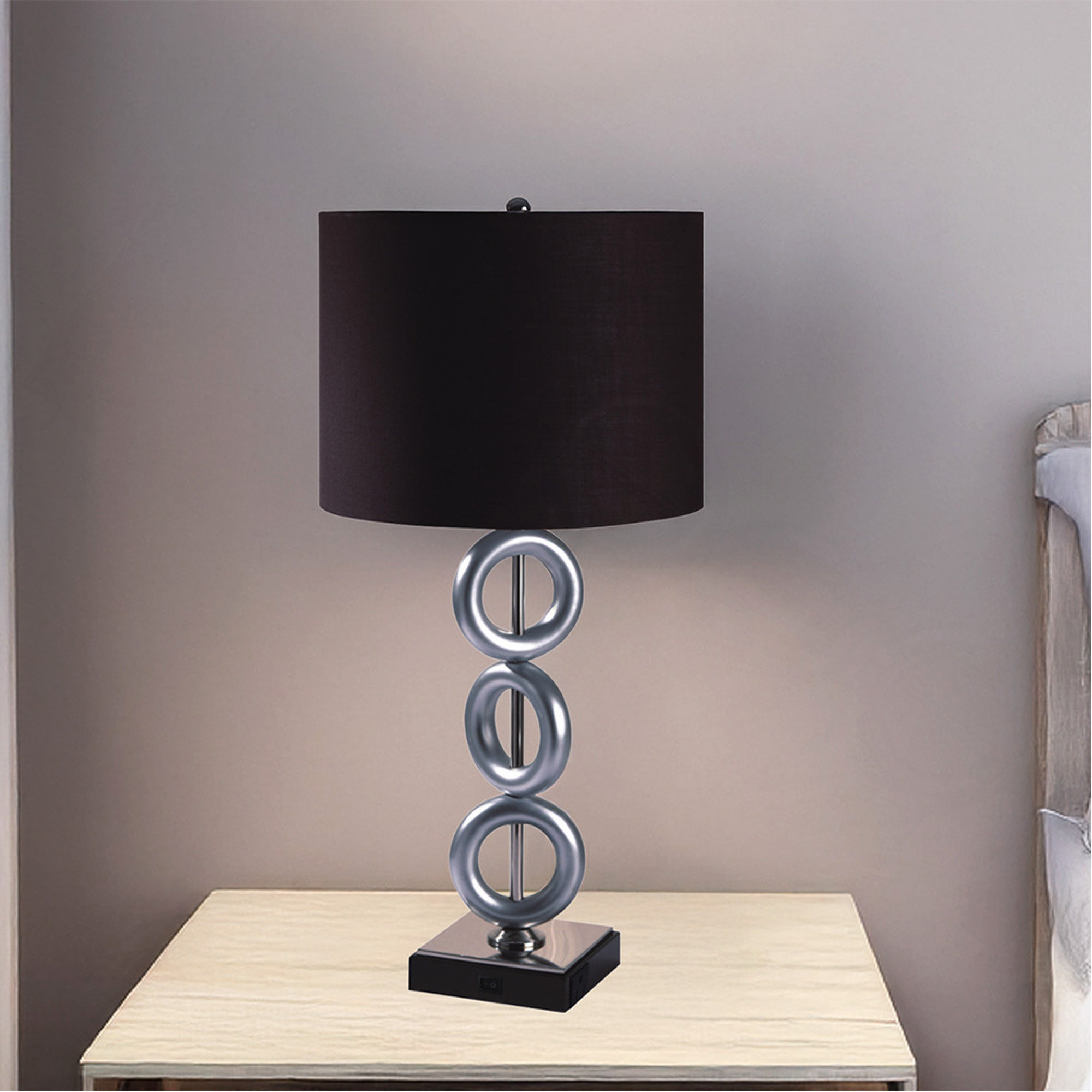 Latitude Run® One Pair of 29"H Silver 3-Ring with Outlet Table Lamp ...