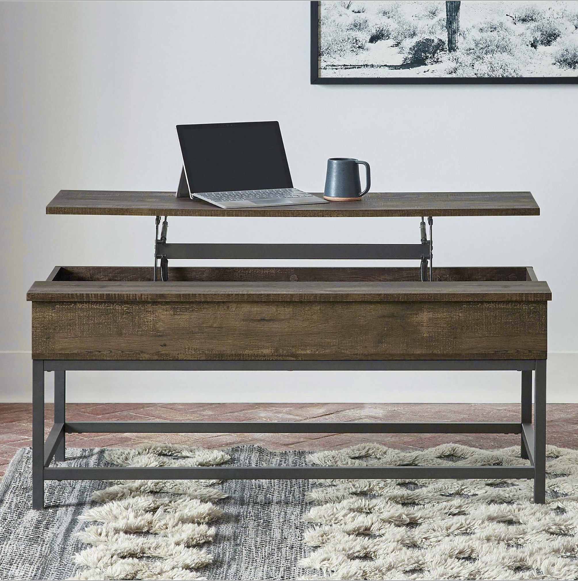 Latitude Run® Brown Oak And Sandy Black Lift Top Coffee Table - Wayfair ...