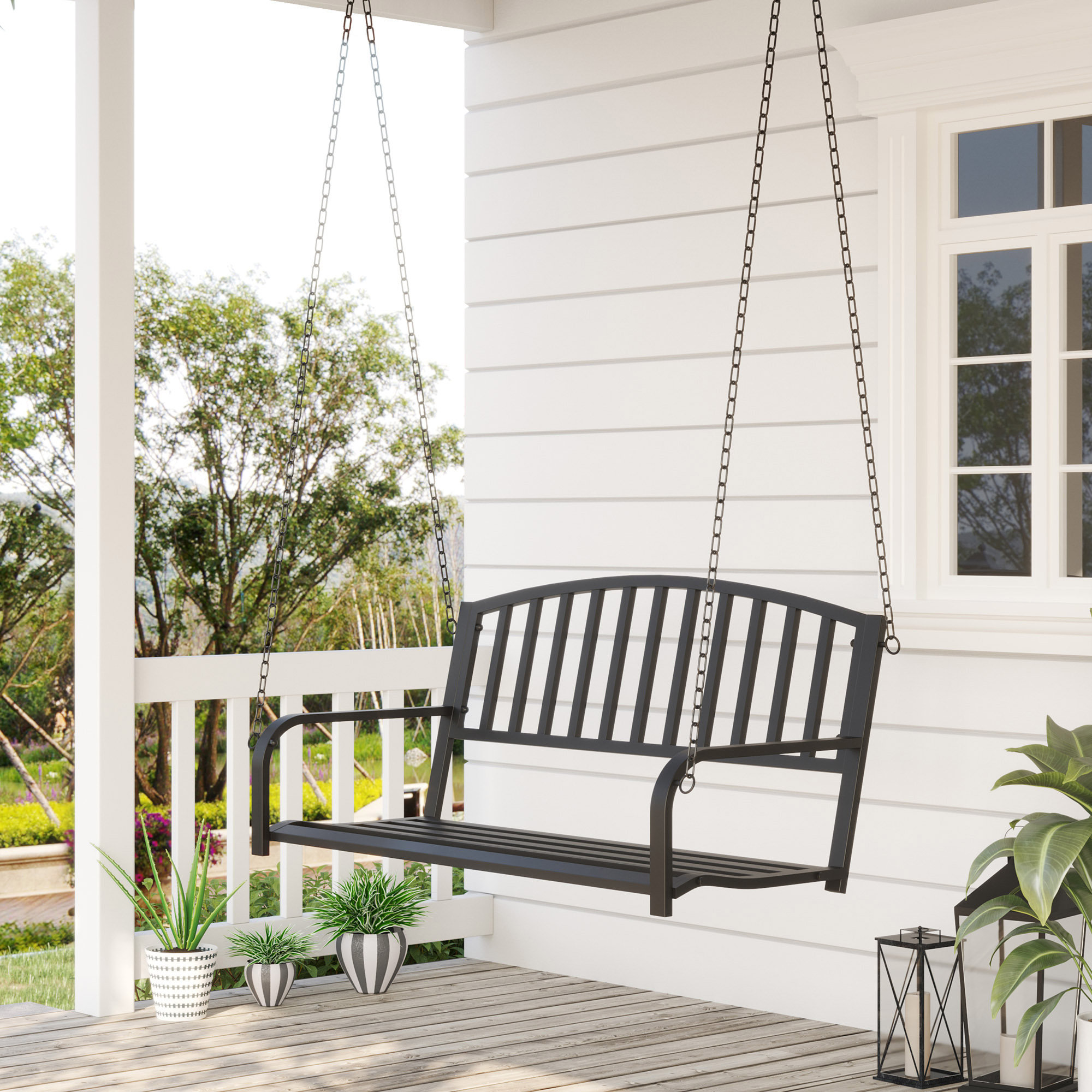 Lark Manor 2 Person Front Porch Swing Patio Swing Bench, Outdoor Steel ...