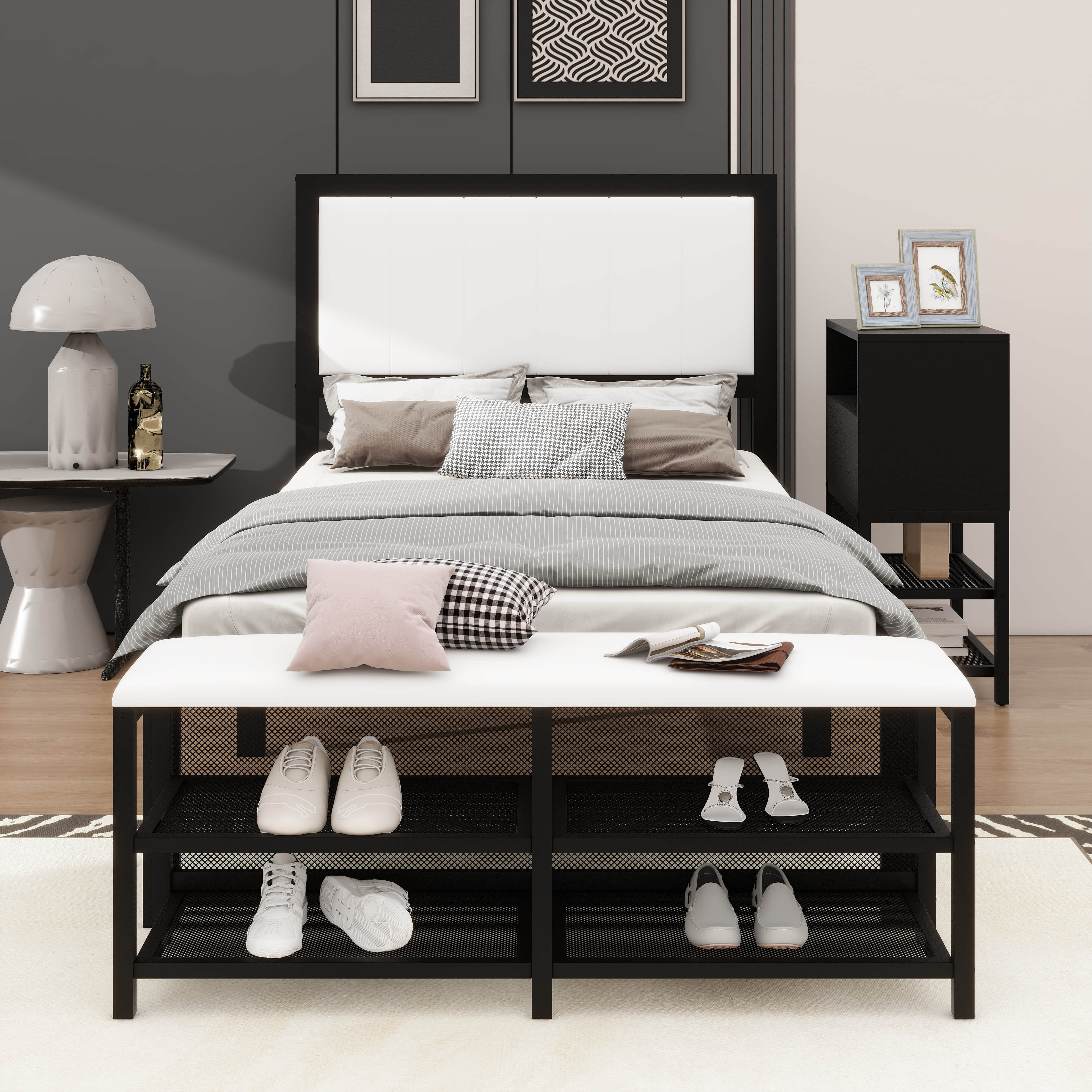 Hokku Designs Metal Platform Bed With Dual-Tier Storage Shelves And ...