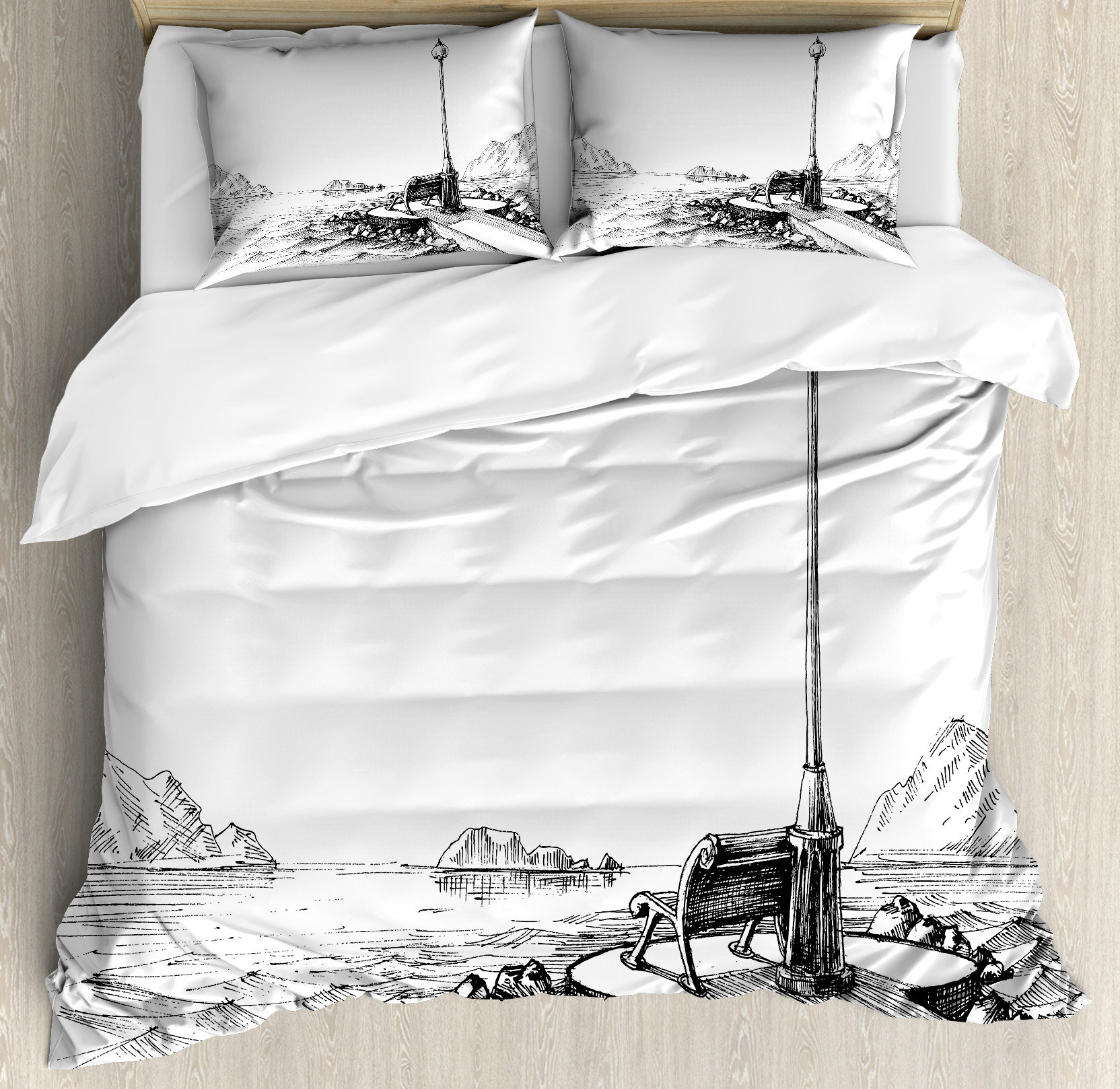 Ambesonne Sketch Duvet Cover Set, Bench and Ocean Drawing Art, Calking ...