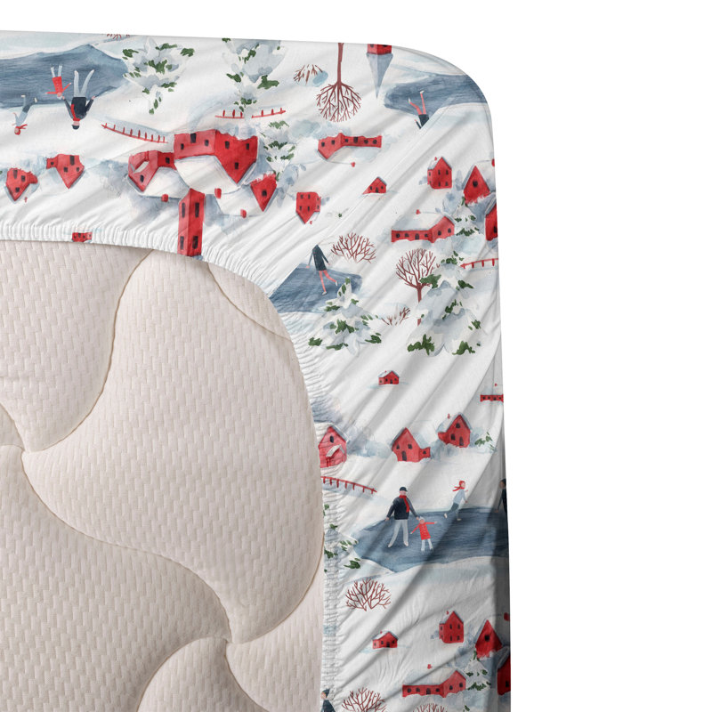 Ambesonne Winter Sheet Set Happy Family Skiing Print Sea Blue Off White ...