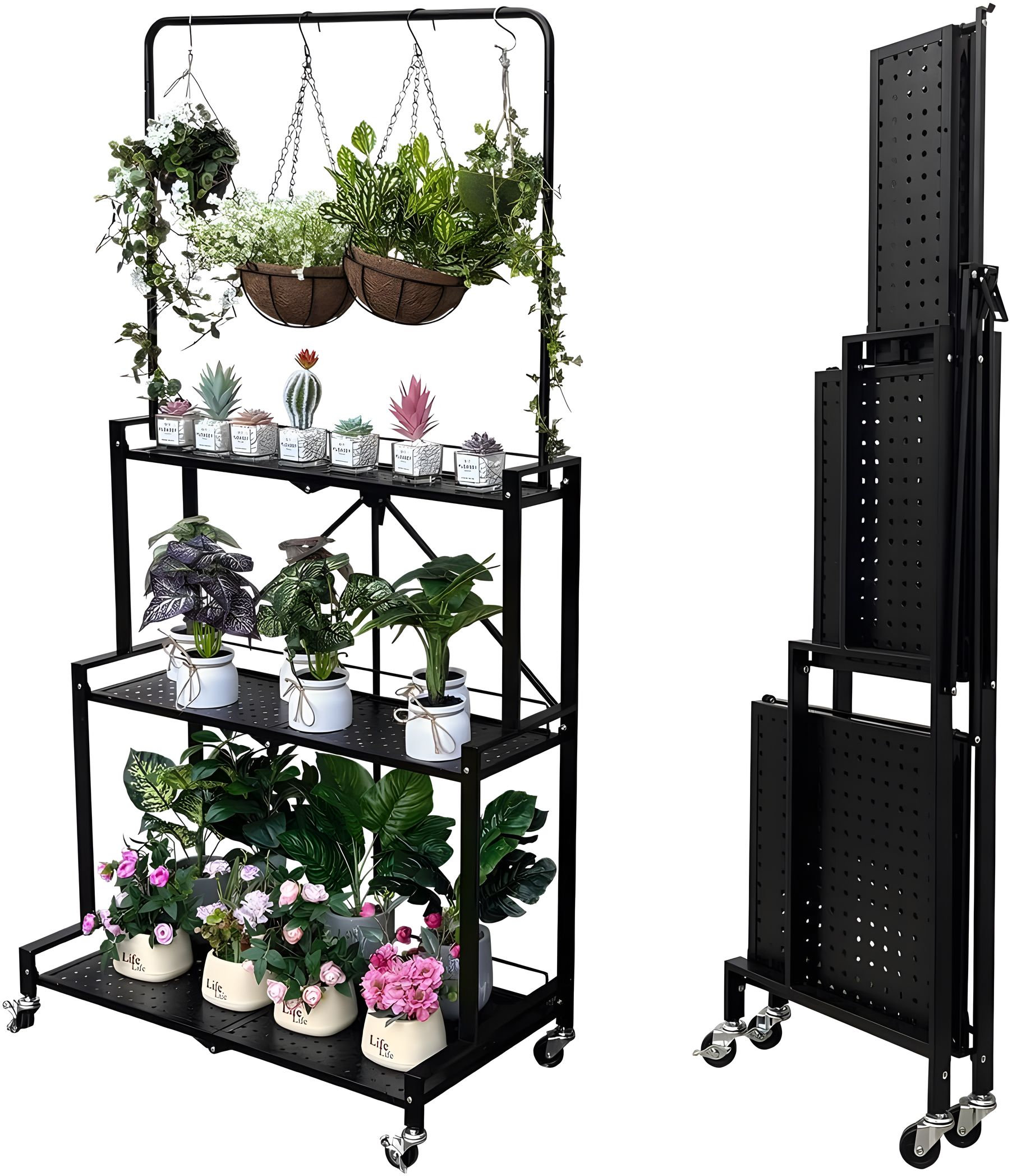 COAHAHA 4-Tier Foldable Plant Stand With Wheels, Alloy Steel Rack For ...