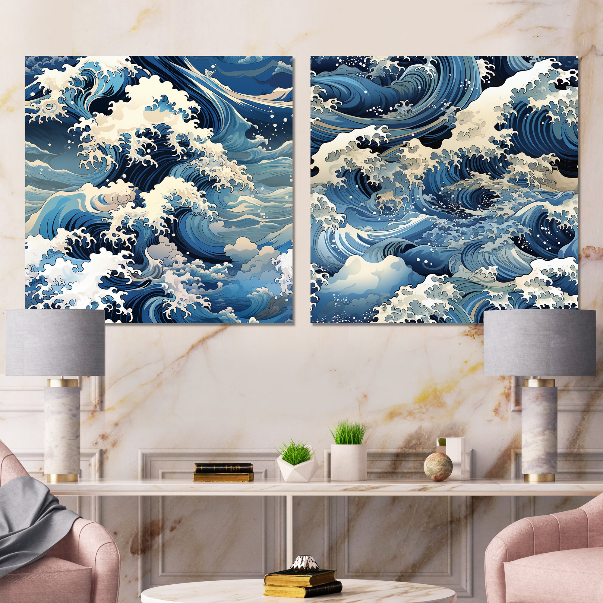 Design Art Hokusai Waves Japanese Pattern - Coastal Wall Art Prints Set ...