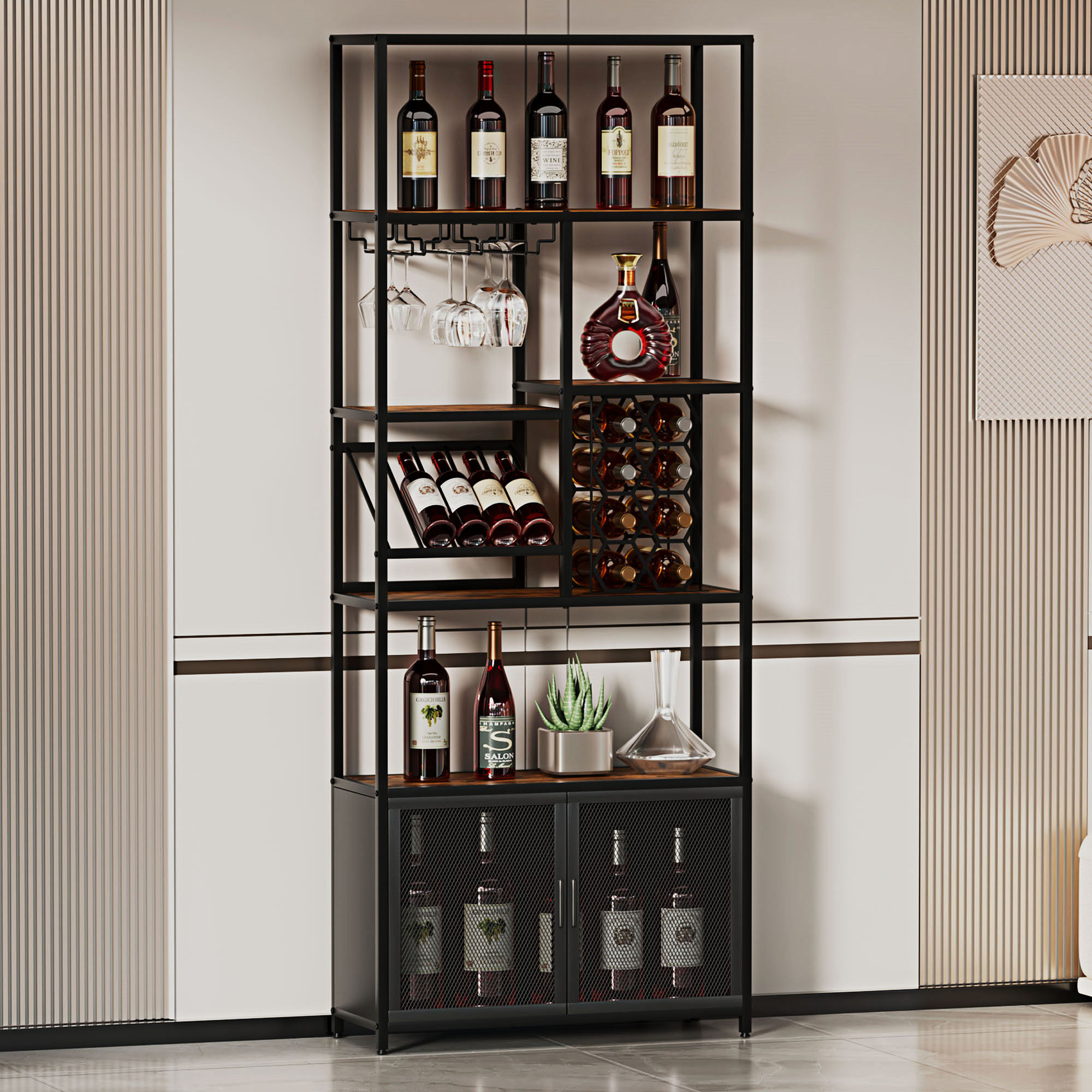 17 Stories Industrial Tall Bar Wine Rack Cabinet with Glass Holder Wood ...