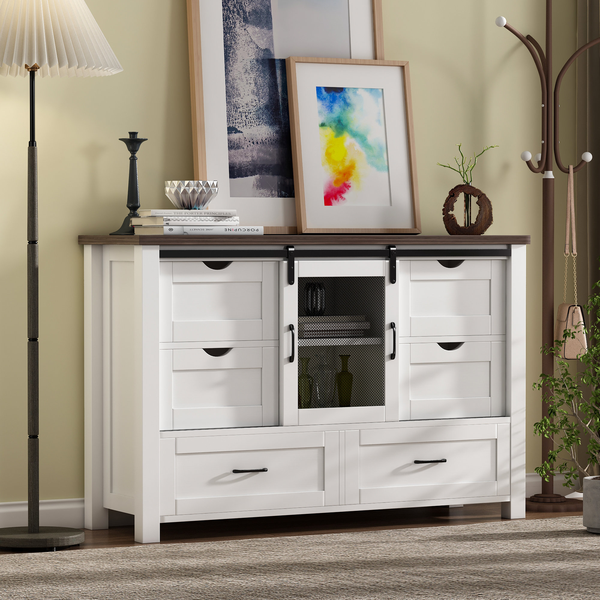 Gracie Oaks Kalpadma 48" Farmhouse Dresser & Sliding Barn Doors ...